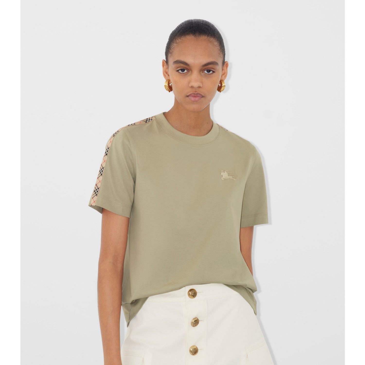 Check Trim Cotton T-shirt in Skylark - Women | Burberry® Official
