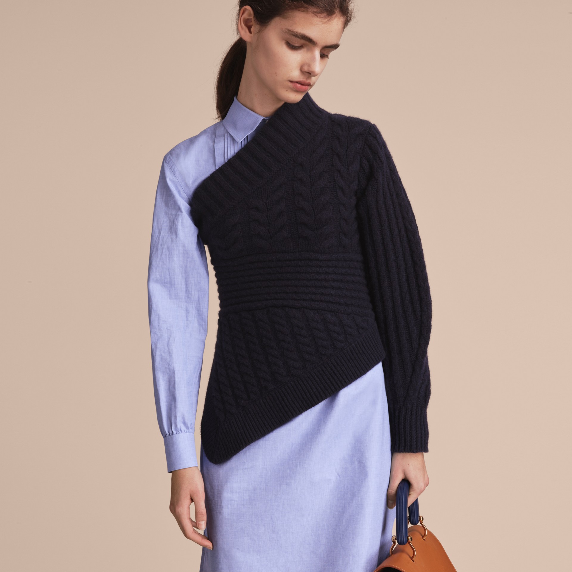 One-shoulder Cable Knit Cashmere Sweater in Navy - Women | Burberry One-shoulder Cable Knit Cashmere Sweater in Navy - Women | Burberry
