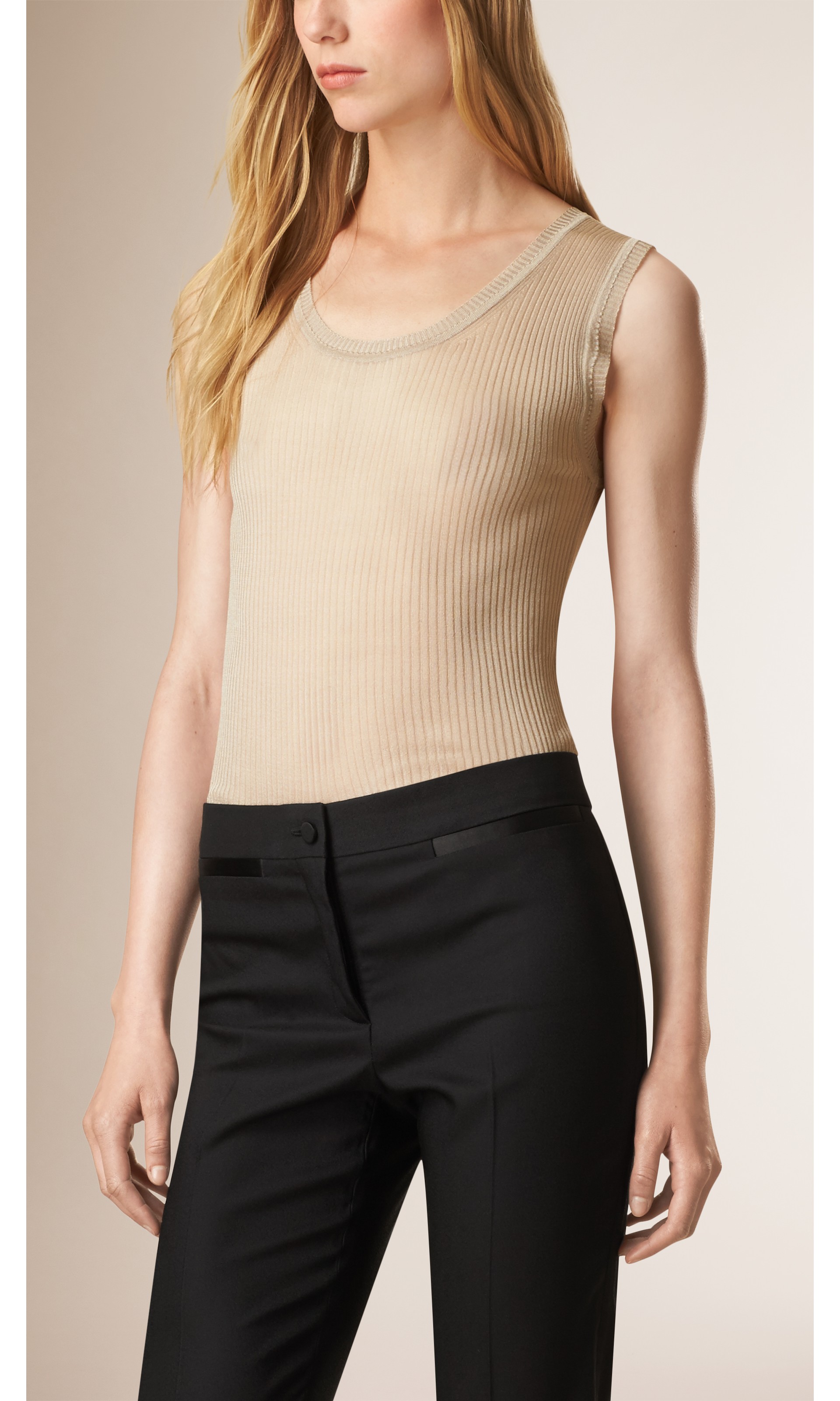 Ribbed Silk Vest In Stone Women Burberry United States