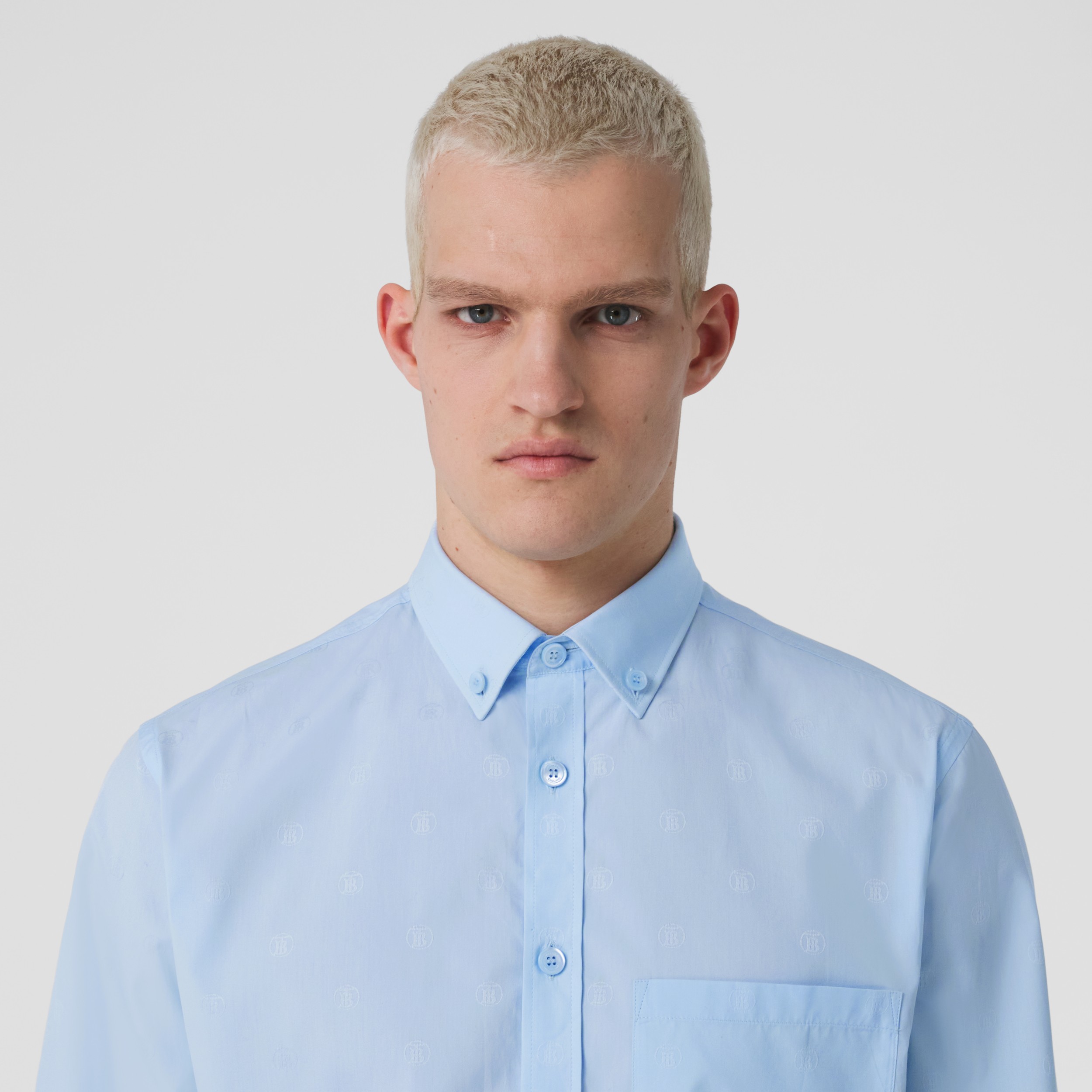 Slim Fit Monogram Motif Cotton Poplin Shirt In Pale Blue Men