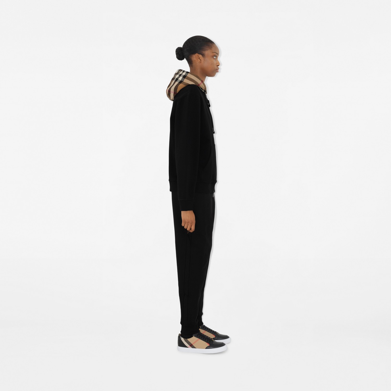 Check Hood Cotton Zip Hoodie in Black - Women | Burberry Check Hood Cotton Zip Hoodie in Black - Women | Burberry