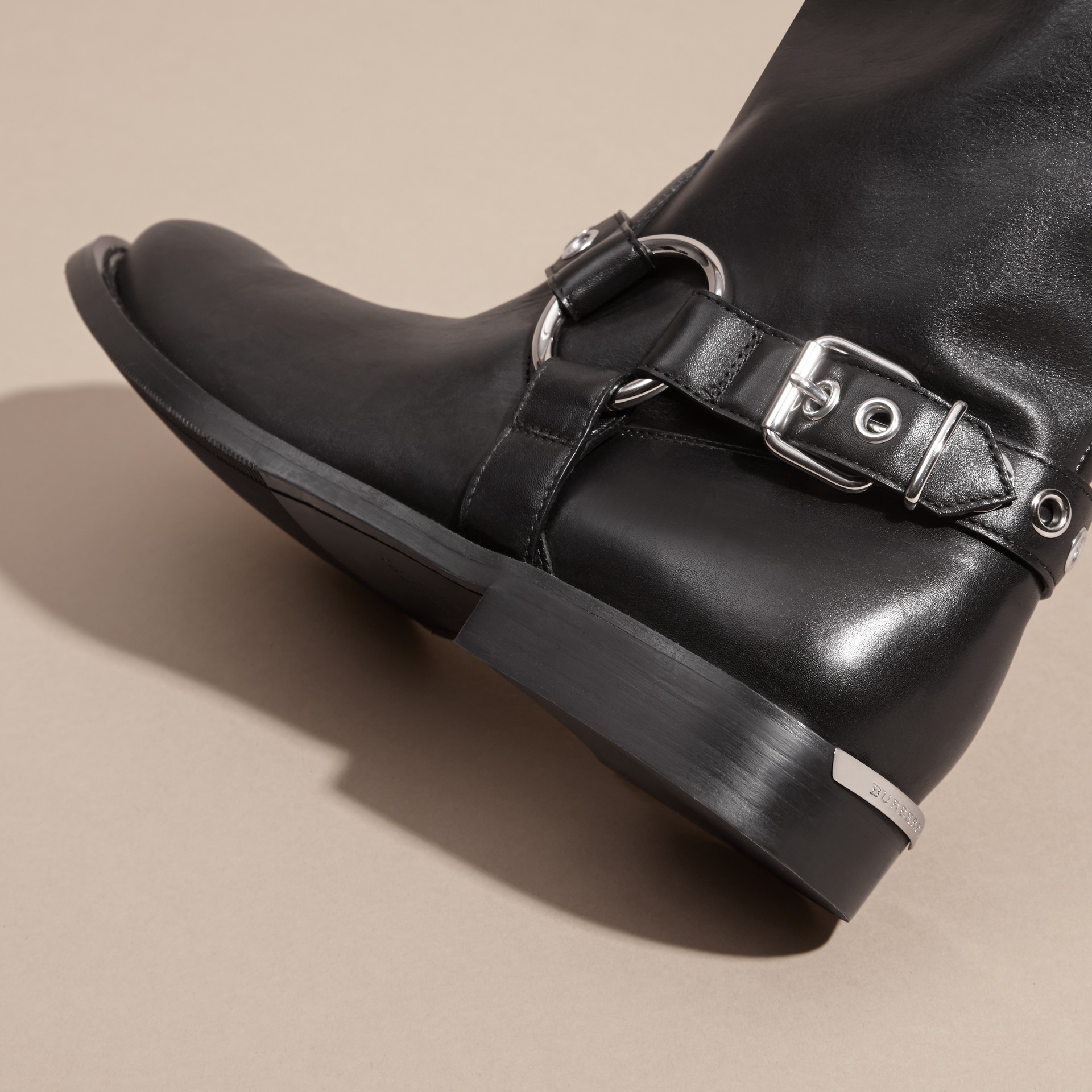 Buckle Detail Leather Biker Boots Burberry