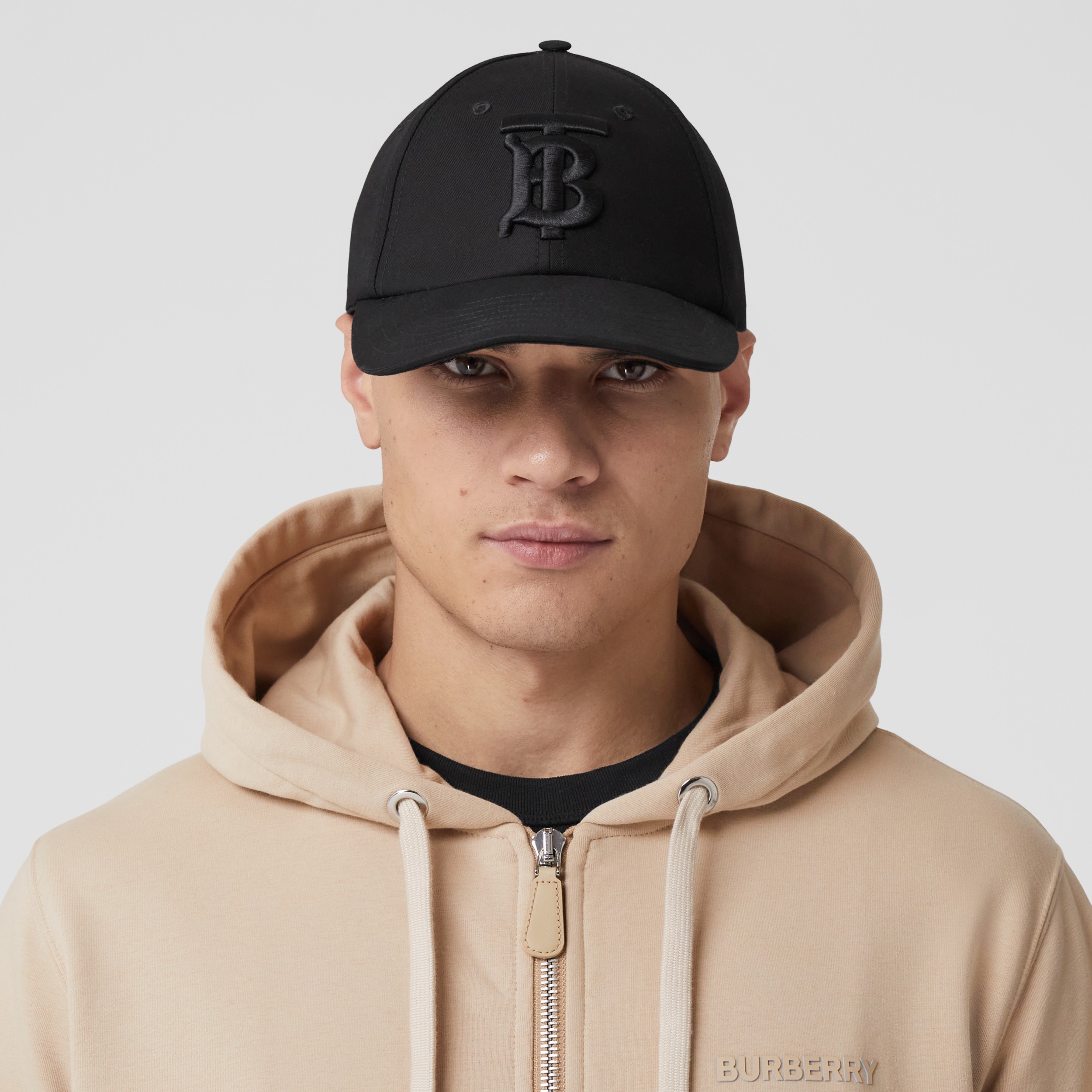 Logo Print Stretch Cotton Zip Hoodie In Soft Fawn Men Burberry