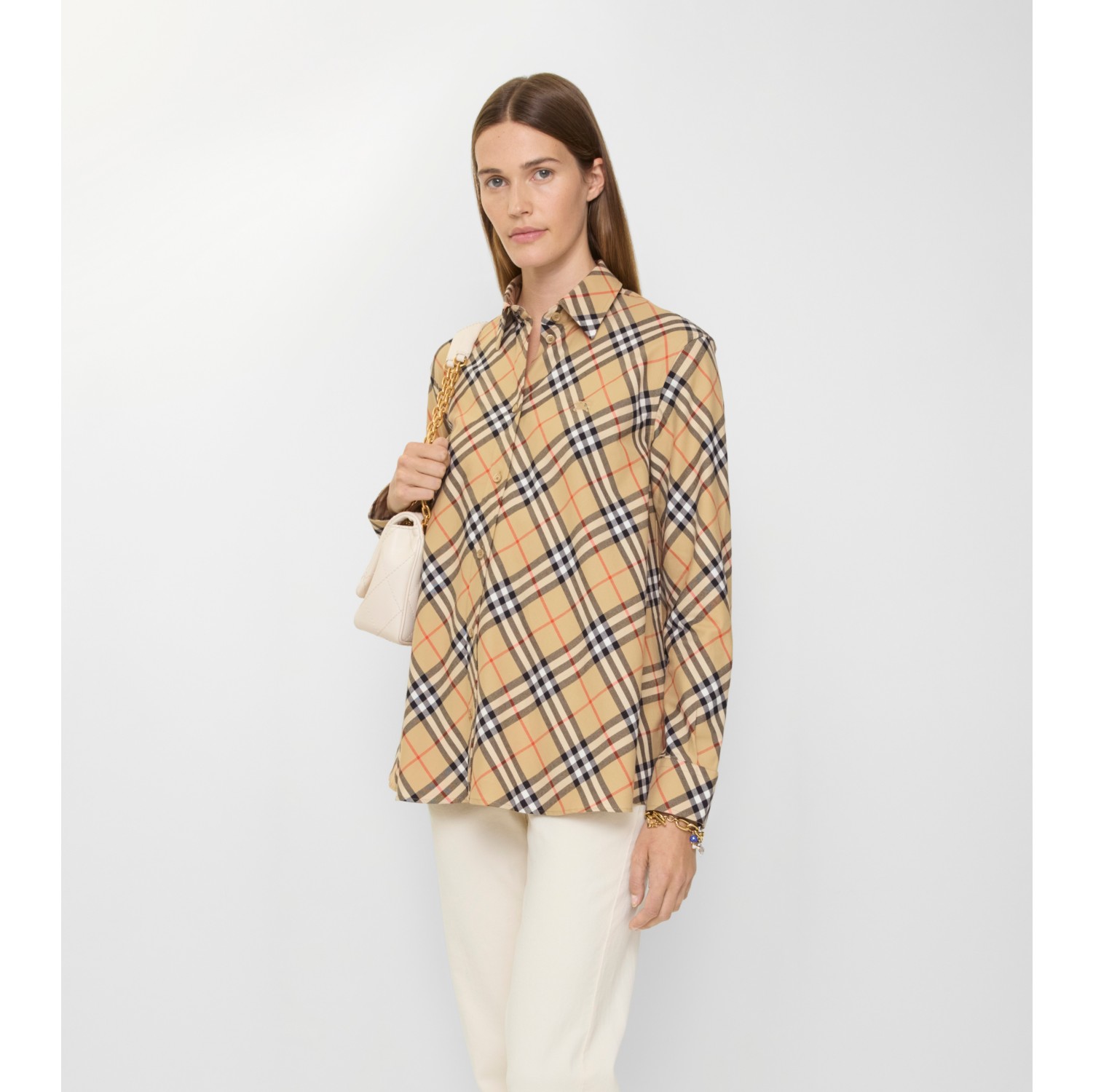 Relaxed Fit Check Cotton Flannel Shirt in Sand beige - Women | Burberry® Official