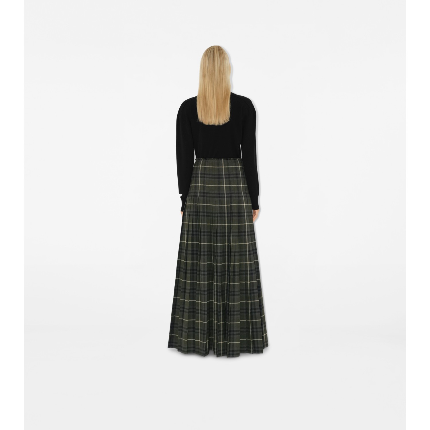 Check Wool Blend Maxi Kilt in Marsh - Women | Burberry® Official