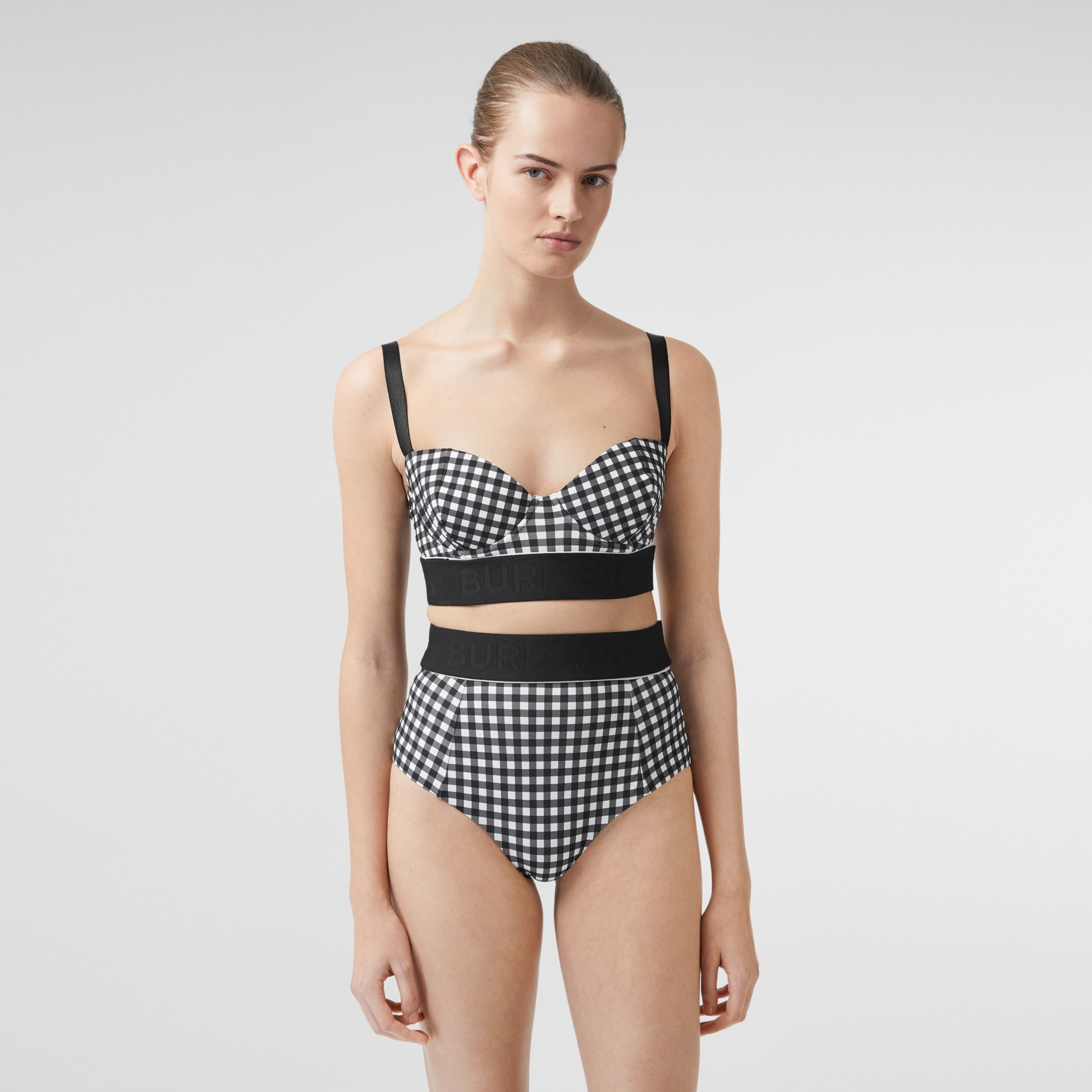 Logo Tape Gingham Bikini Top In Black Women Burberry United States