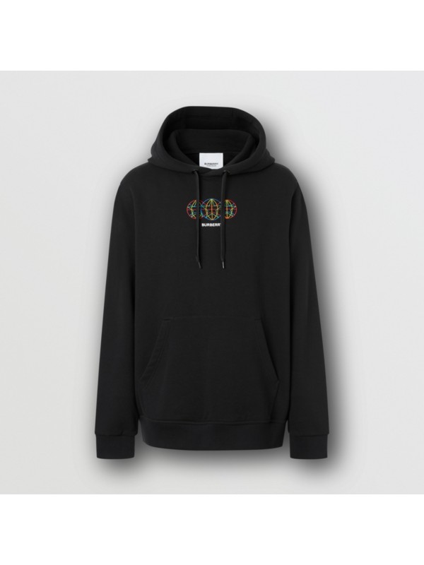 Embroidered Globe Graphic Cotton Hoodie in Black - Men | Burberry ...