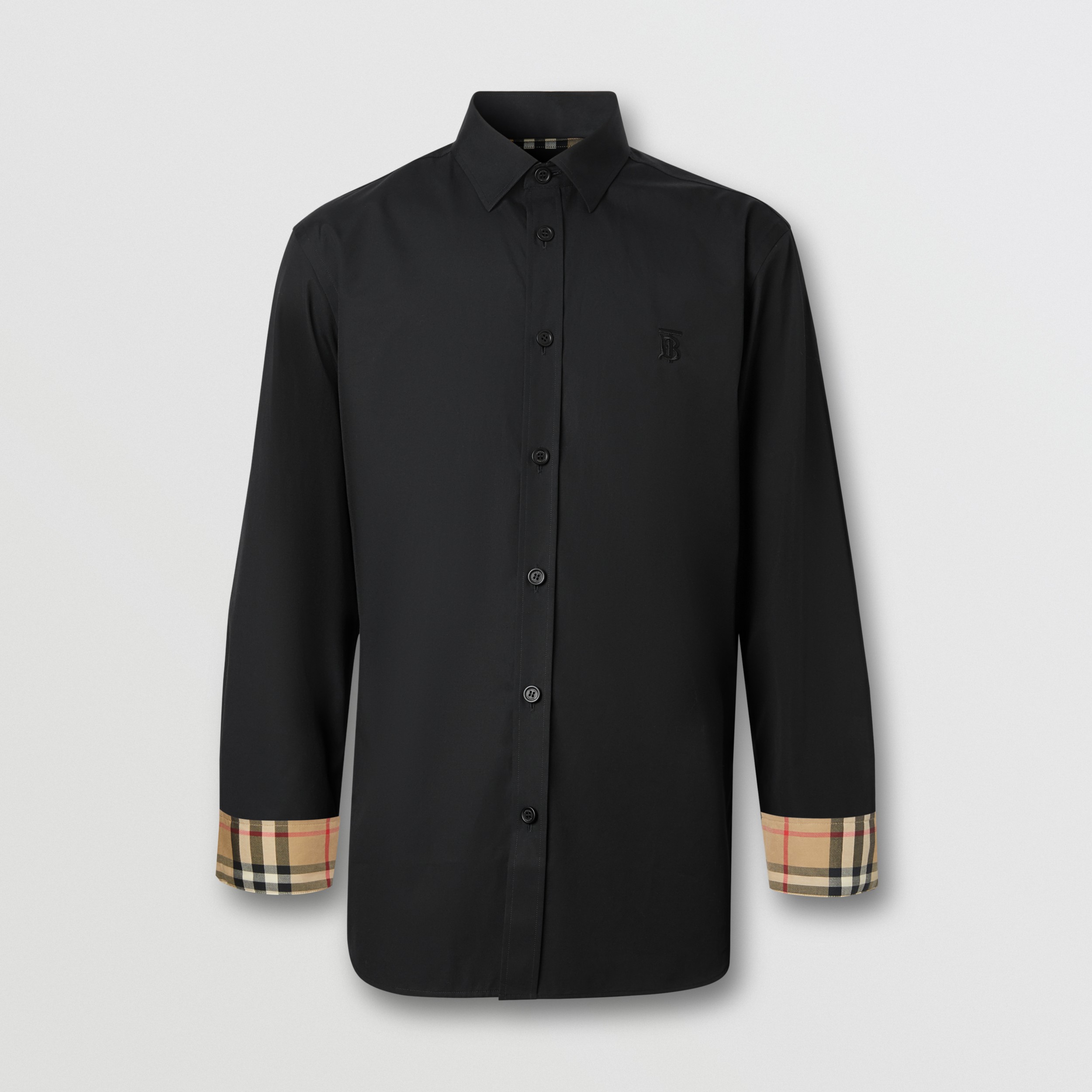 Slim Fit Monogram Motif Stretch Cotton Poplin Shirt in Black | Burberry ...
