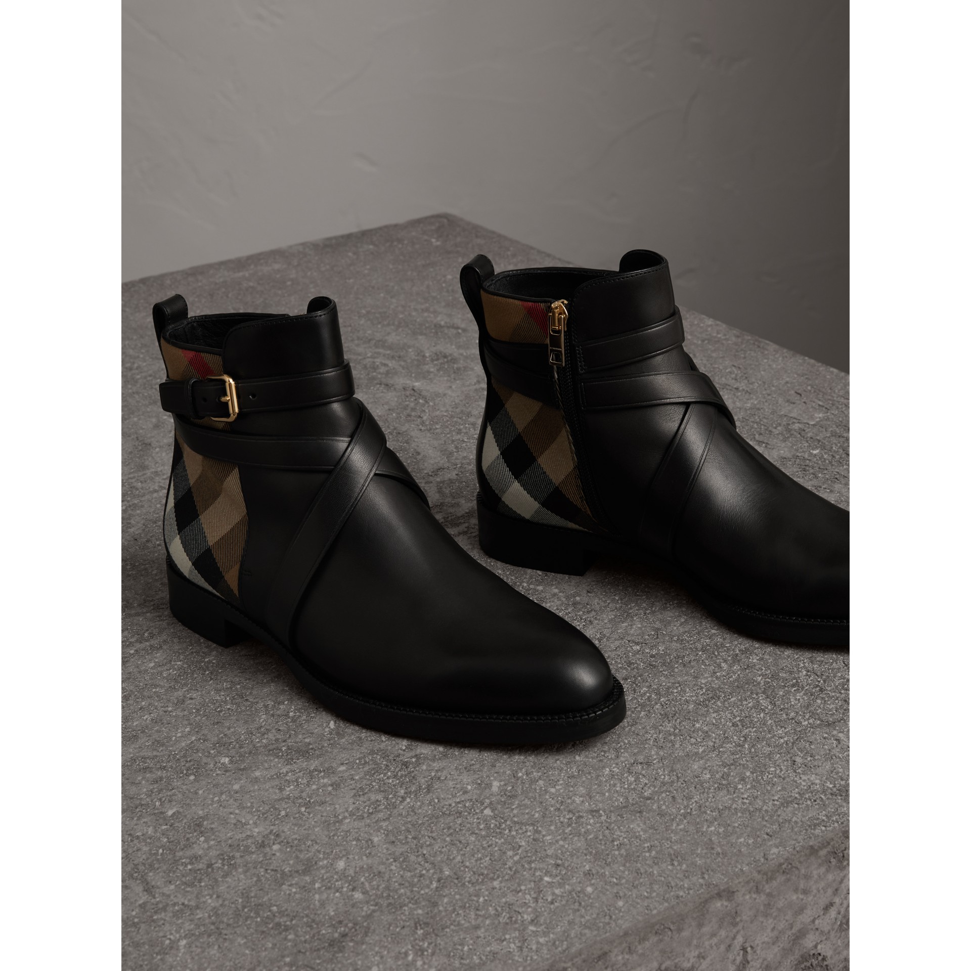 Strap Detail House Check And Leather Ankle Boots In Black Women