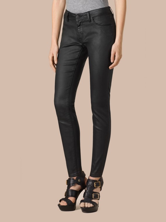 Skinny Fit Low Rise Wax Coated Jeans Burberry