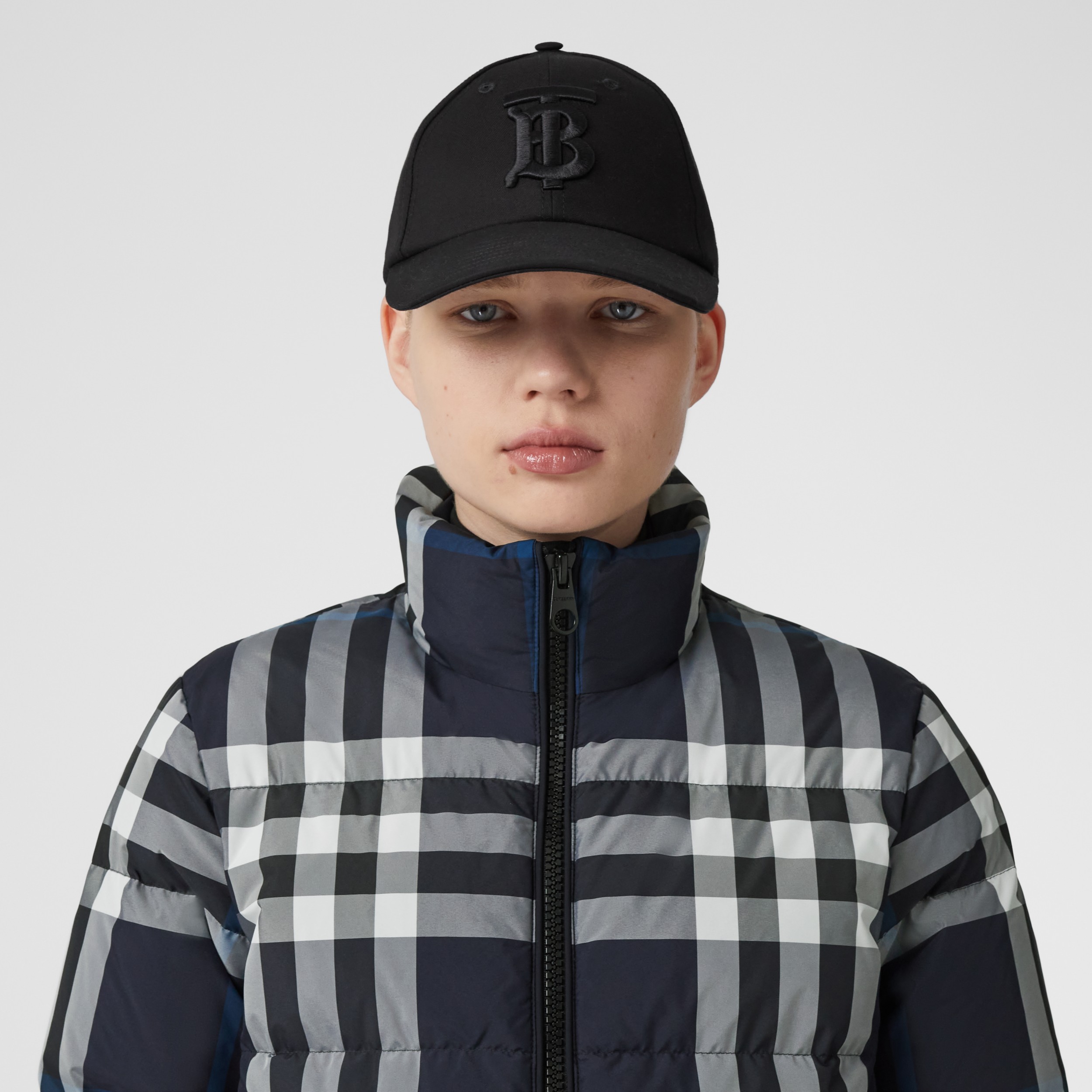 Check Cropped Puffer Jacket in White/dark Charcoal Blue - Women ...