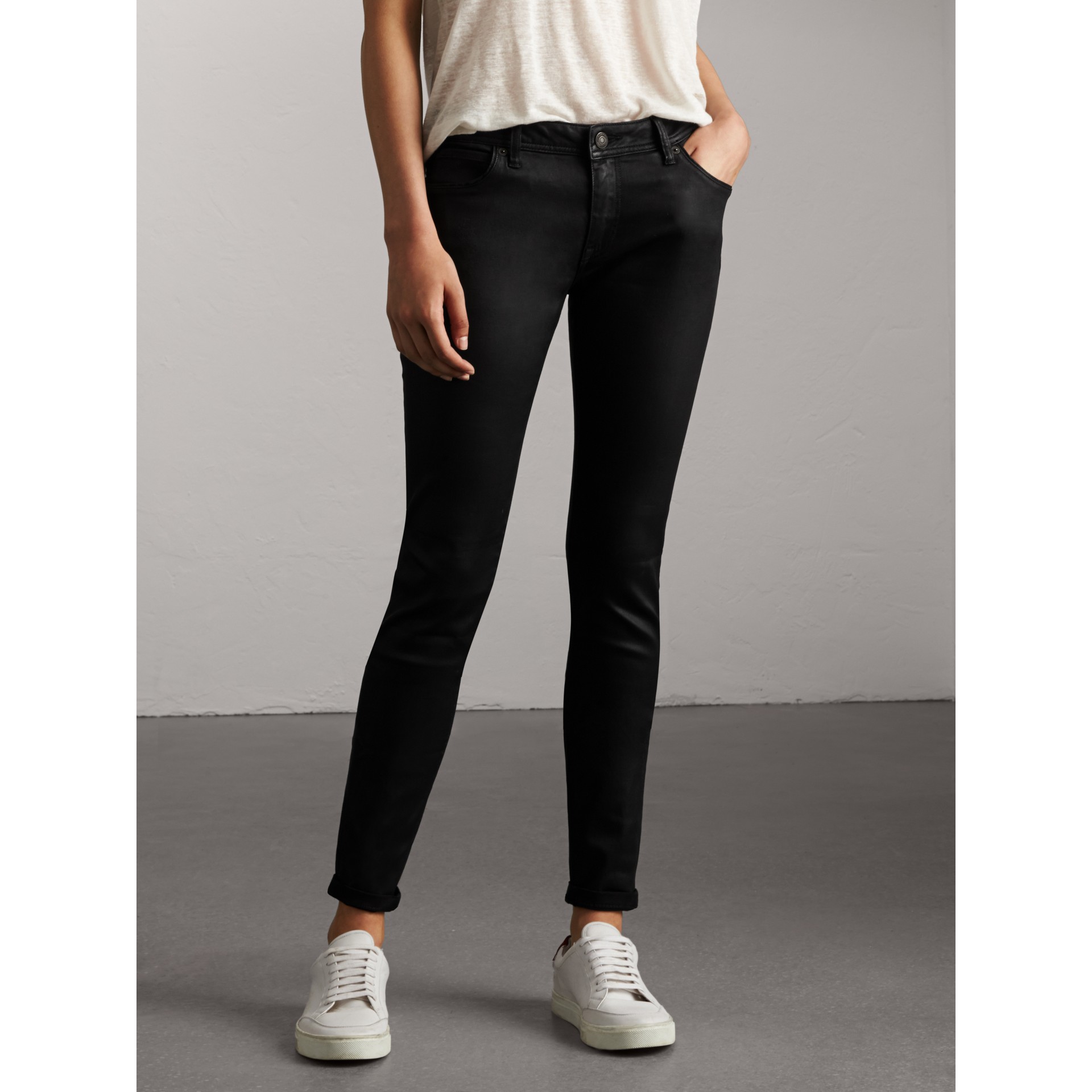 Skinny Fit Low Rise Wax Coated Jeans In Black Women Burberry United