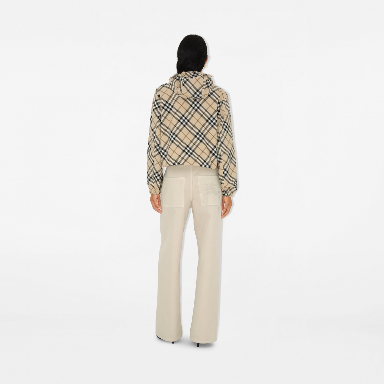 Cropped Reversible Check Jacket in Ecru - Women, Nylon Cropped Reversible Check Jacket in Ecru - Women, Nylon