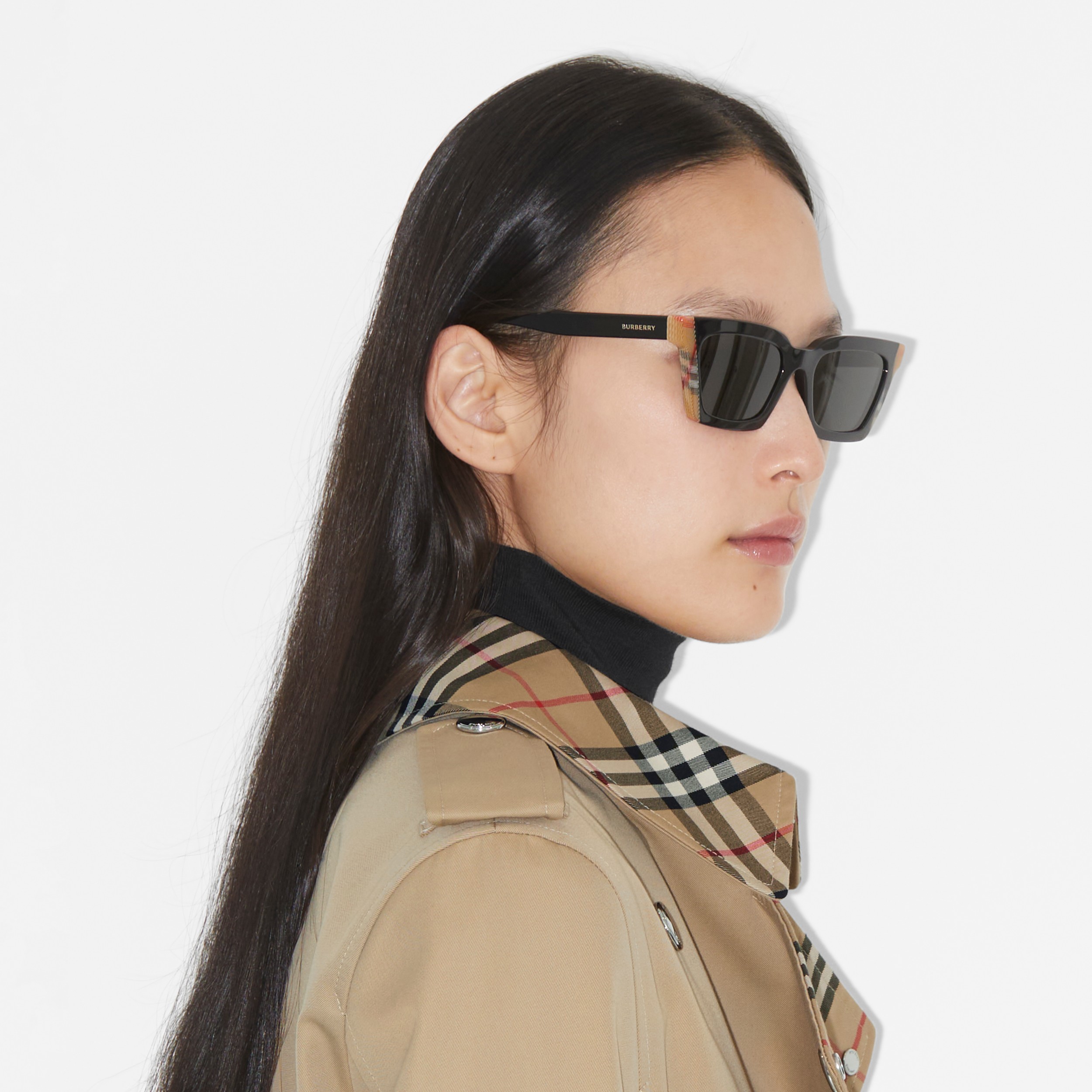 Check Detail Rectangular Frame Sunglasses in Black/archive Beige - Women | Burberry® Official