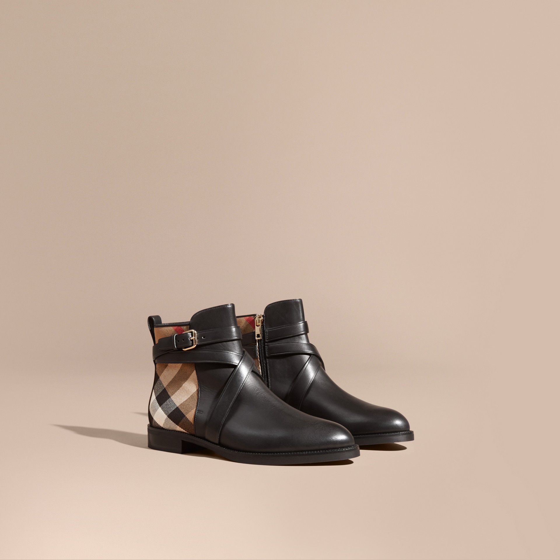 Strap Detail House Check And Leather Ankle Boots In Black Women