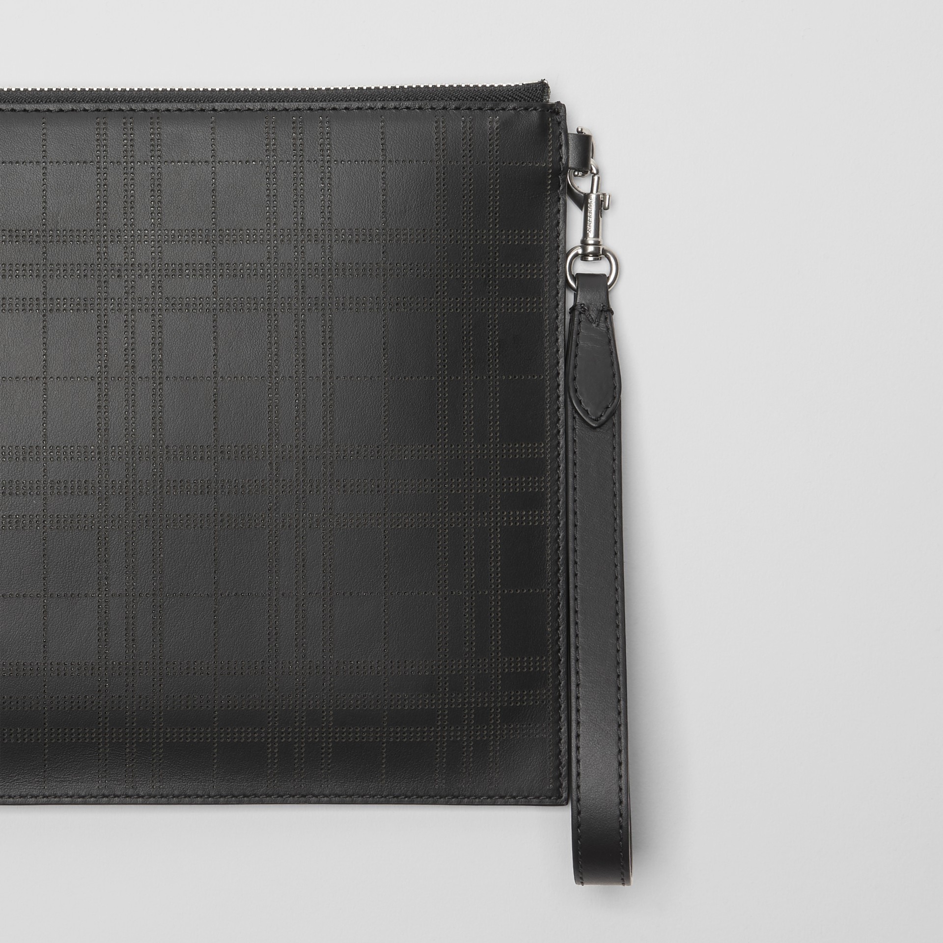 Perforated Check Leather Zip Pouch in Black - Men | Burberry United States
