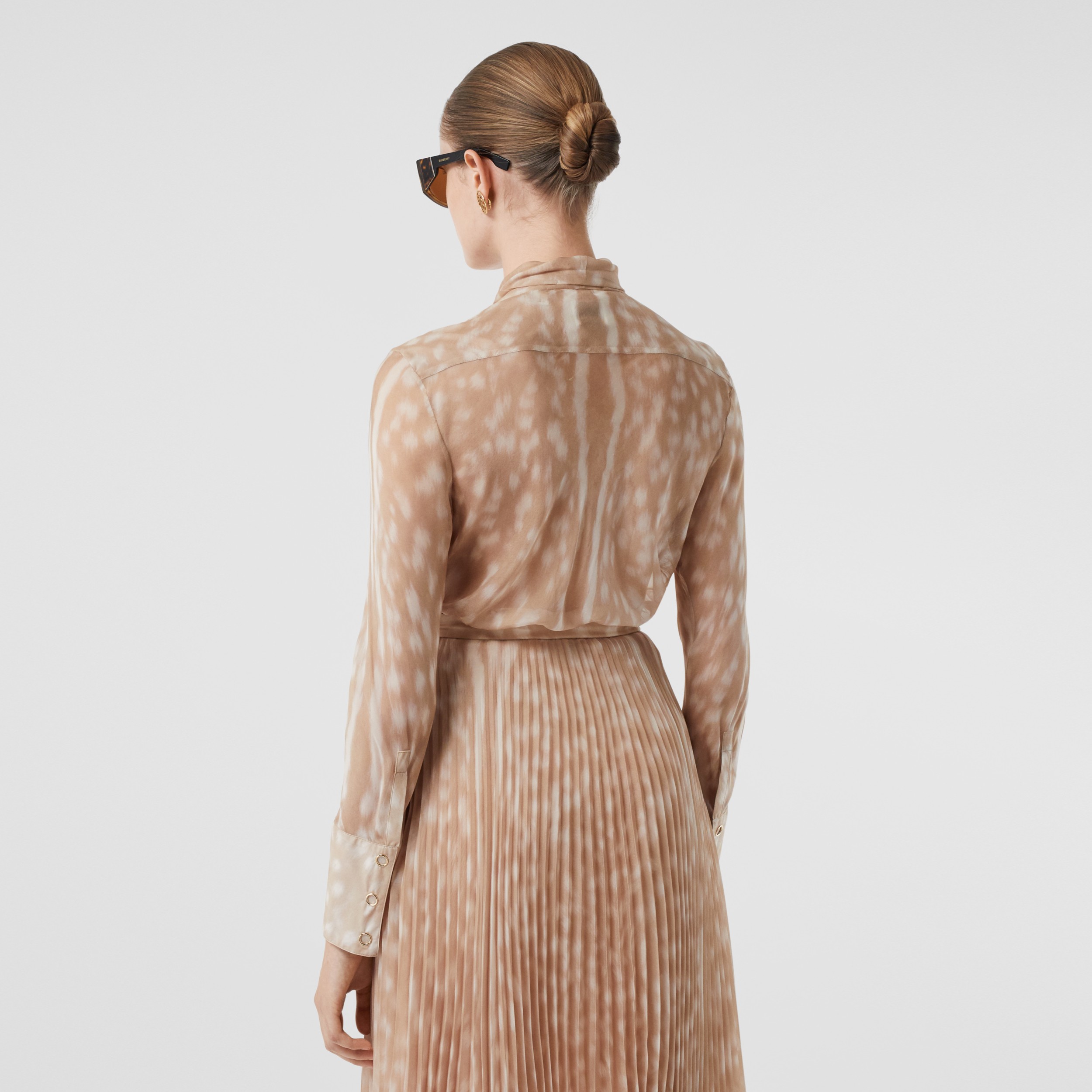 Deer Print Silk Chiffon Pussy Bow Blouse In Soft Fawn Women