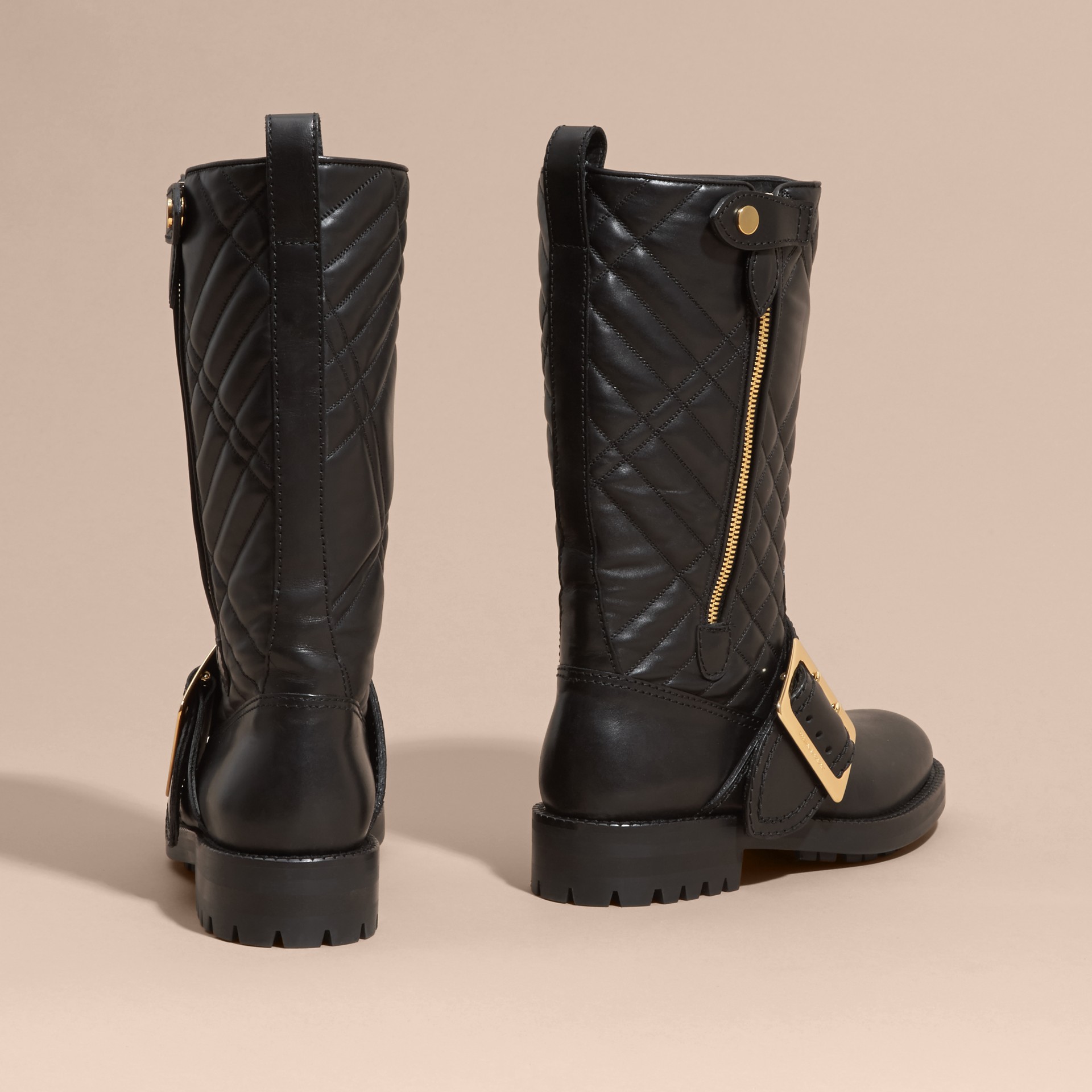 Buckle Detail Check Quilted Leather Boots In Black Women Burberry