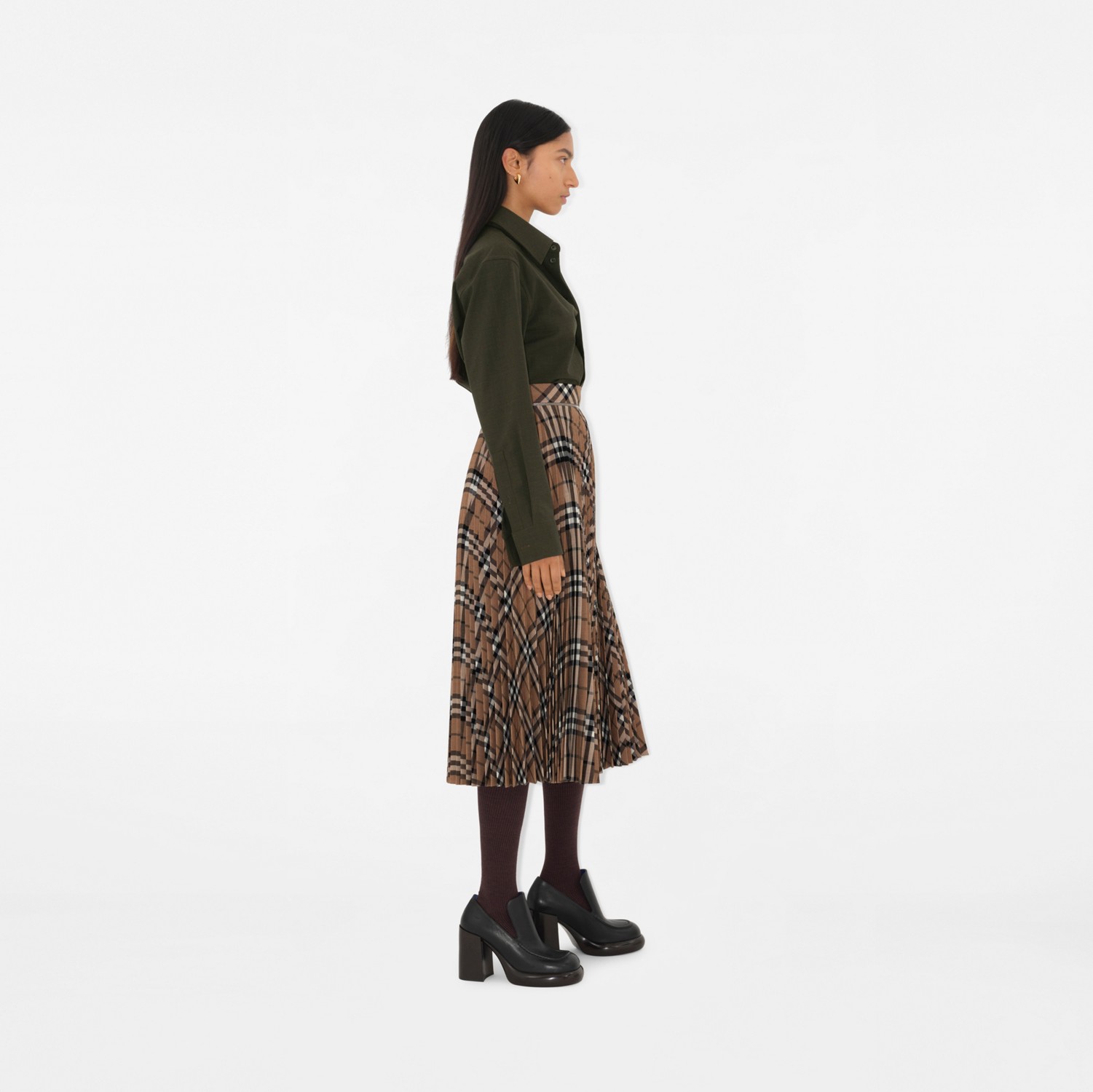 Pleated Check Wool Blend Midi Skirt in Linden - Women Pleated Check Wool Blend Midi Skirt in Linden - Women