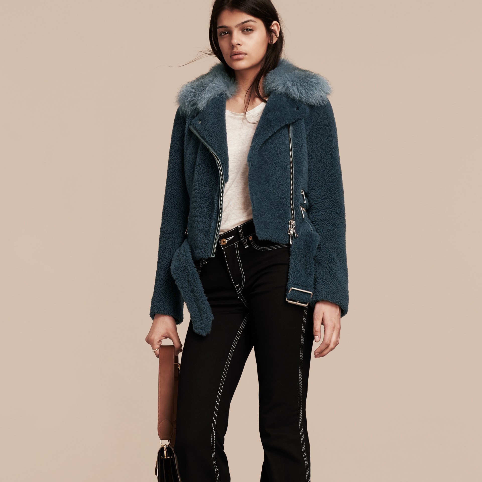 Shearling Biker Jacket with Fox Fur Collar in Light Steel Blue - Women ... Shearling Biker Jacket with Fox Fur Collar in Light Steel Blue - Women ...