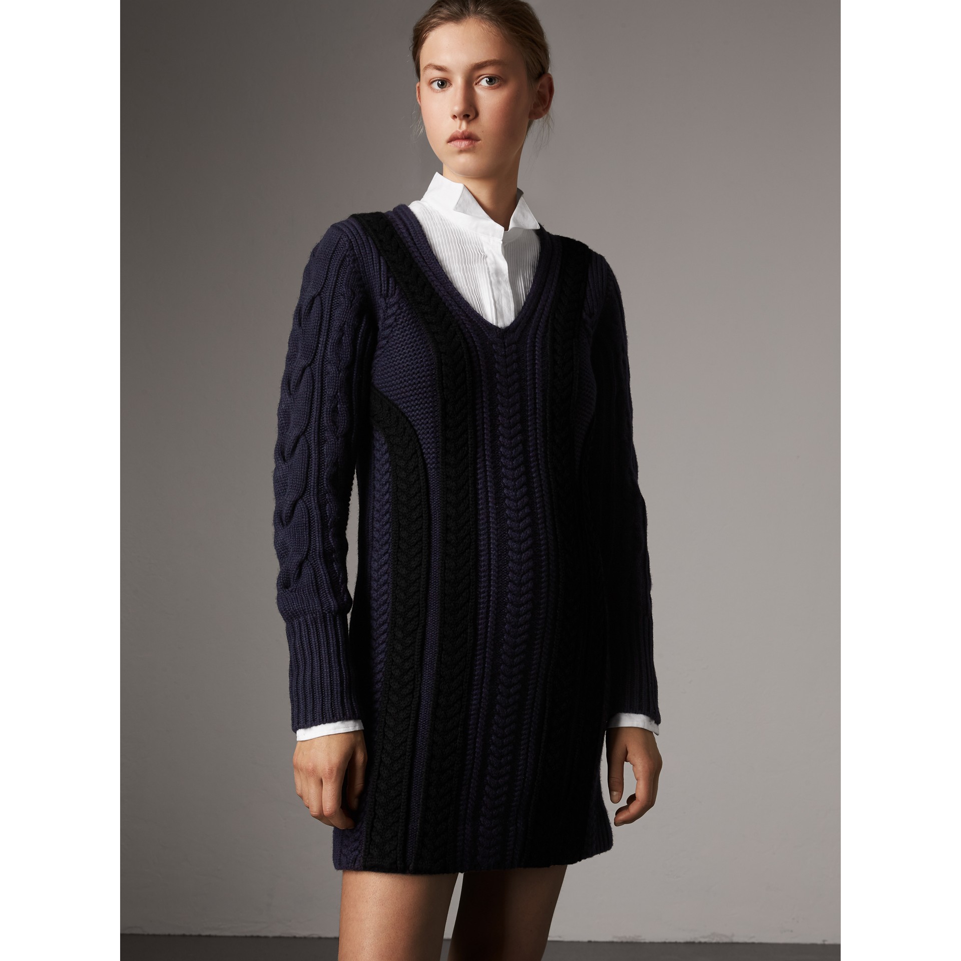 Cable Knit Wool Cashmere Sweater Dress In Navy Women Burberry