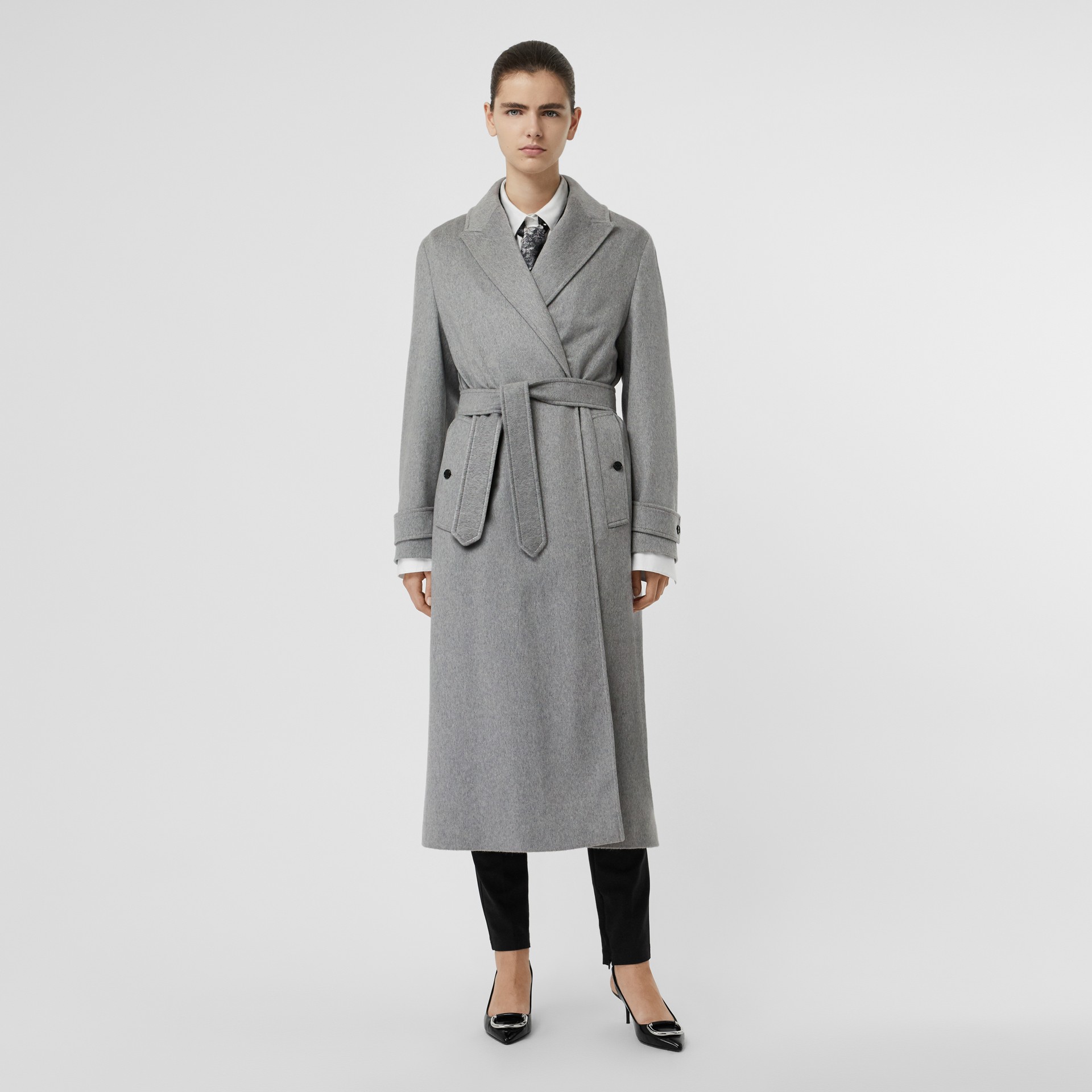 피크 라펠 캐시미어 랩 코트 페일 그레이 멜란지 여성 Burberry