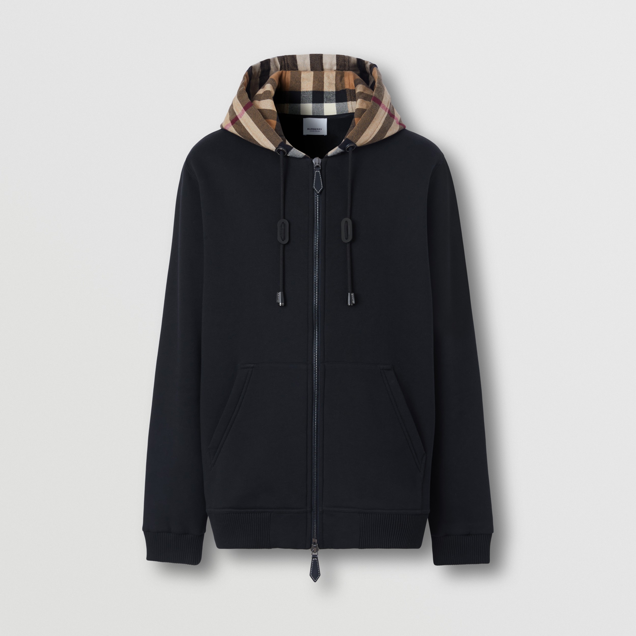 Check Hood Cotton Zip Hoodie in Black/archive Beige - Men | Burberry® Official