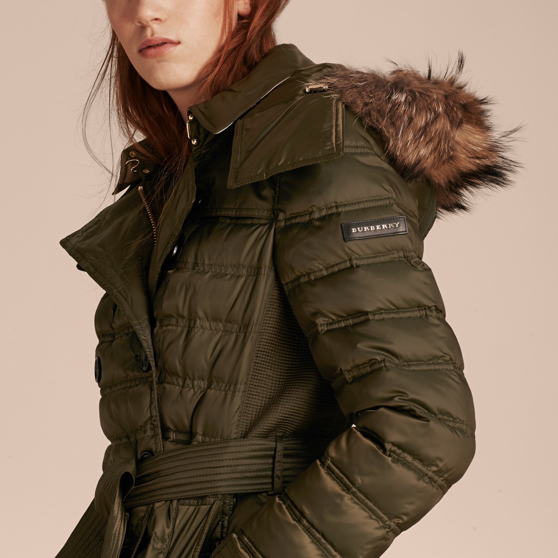 Down-Filled Puffer Coat with Fur Trim Dark Olive | Burberry