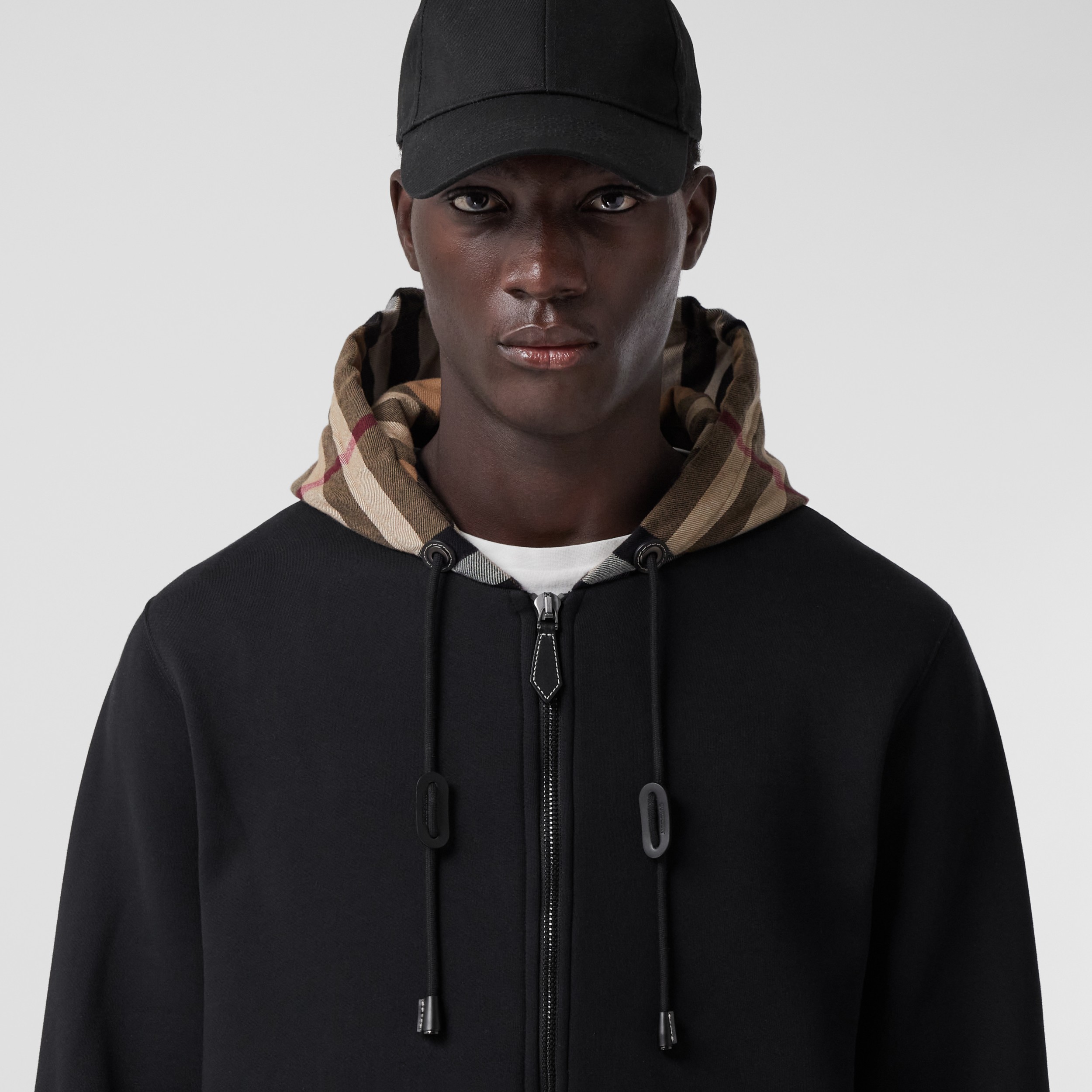 Check Hood Cotton Blend Zip Hoodie in Black/birch Brown | Burberry® Official