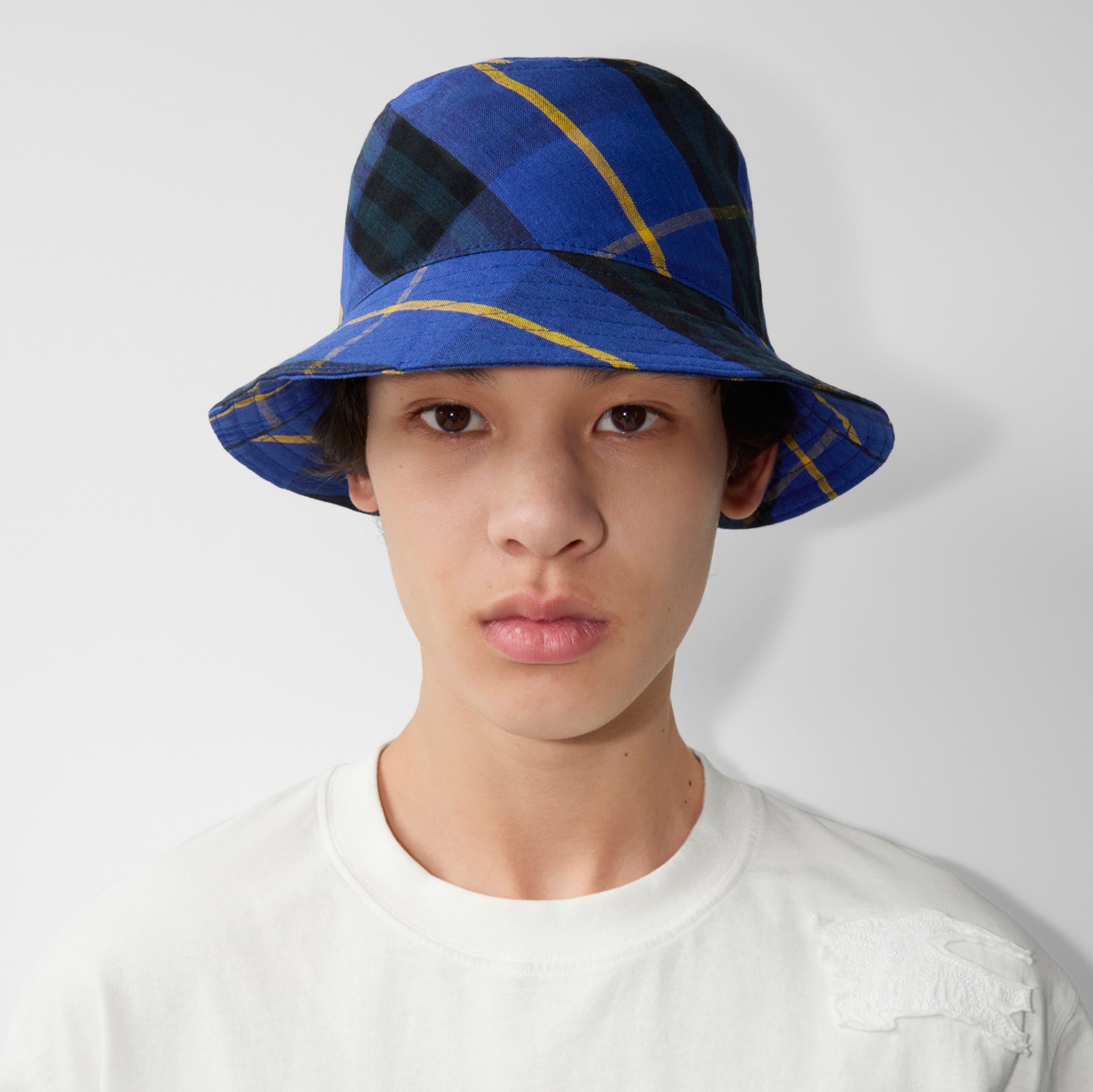 Check Linen Bucket Hat in Bright navy - Men | Burberry® Official Check Linen Bucket Hat in Bright navy - Men | Burberry® Official