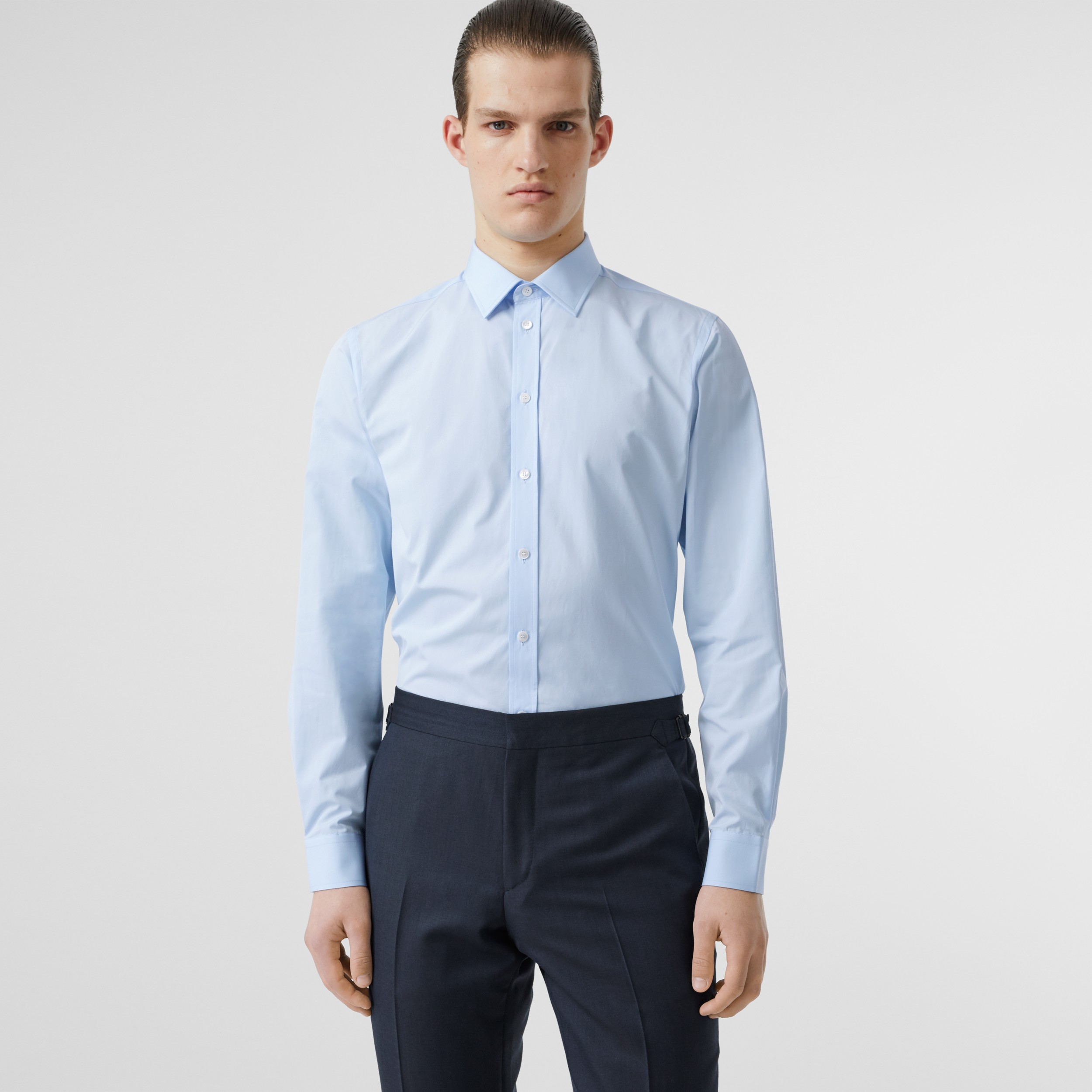 Slim Fit Monogram Motif Cotton Poplin Shirt In Pale Blue Men