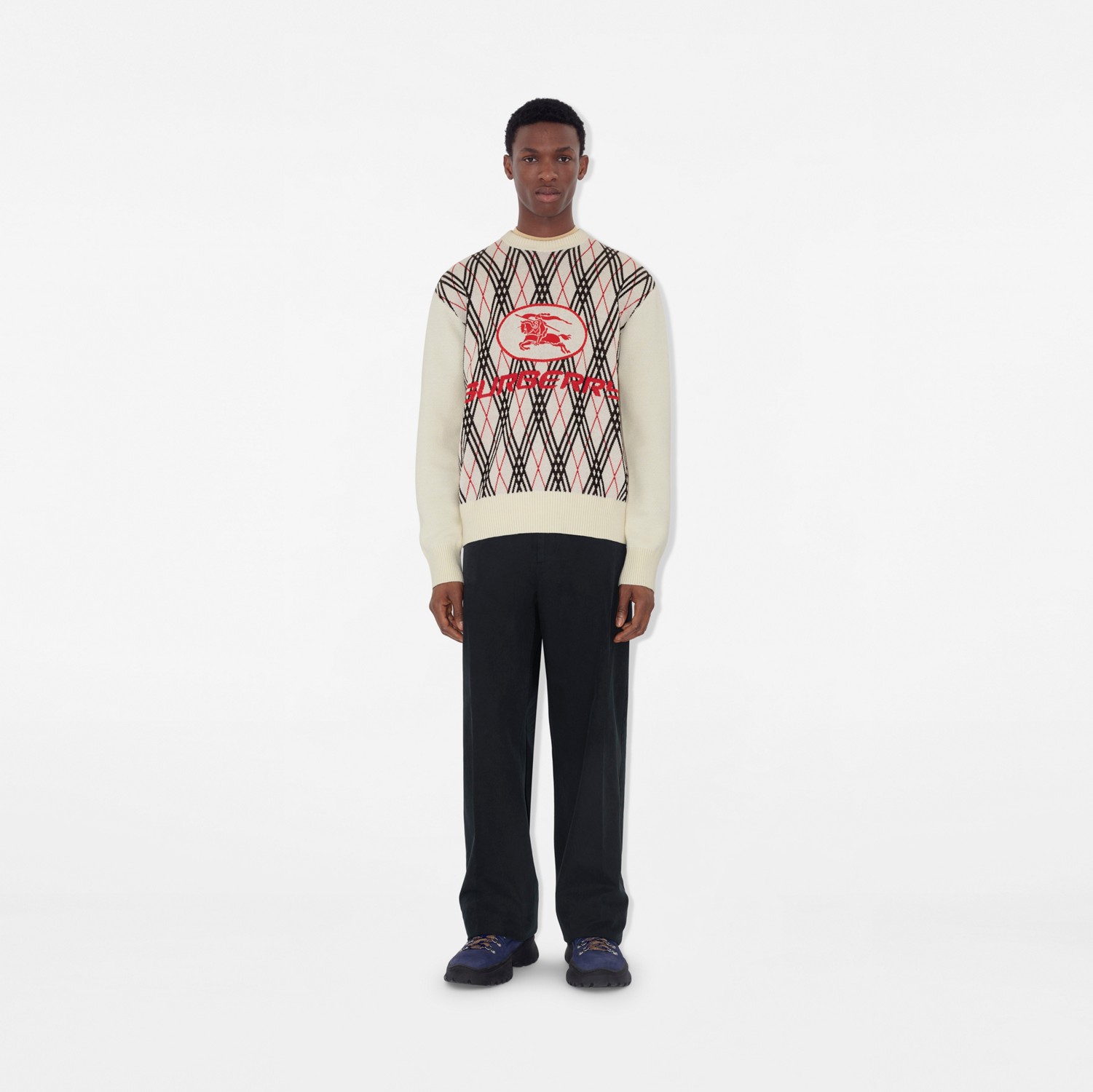 Argyle Check Wool Blend Sweater in Chalk - Men | Burberry Argyle Check Wool Blend Sweater in Chalk - Men | Burberry