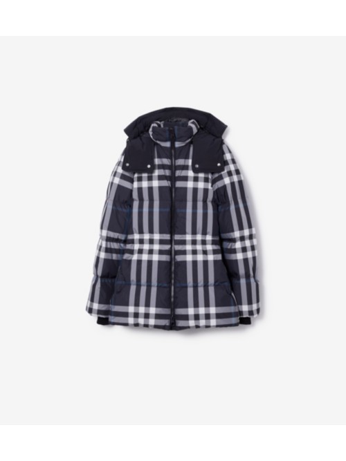 Burberry Check Puffer Jacket In Dark Charcoal Blue/white | ModeSens