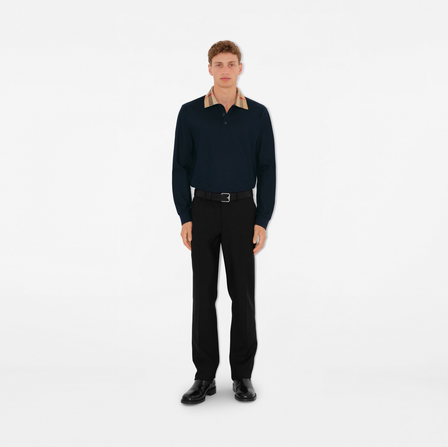 Long-sleeve Check Collar Cotton Polo Shirt in Smoked navy Long-sleeve Check Collar Cotton Polo Shirt in Smoked navy