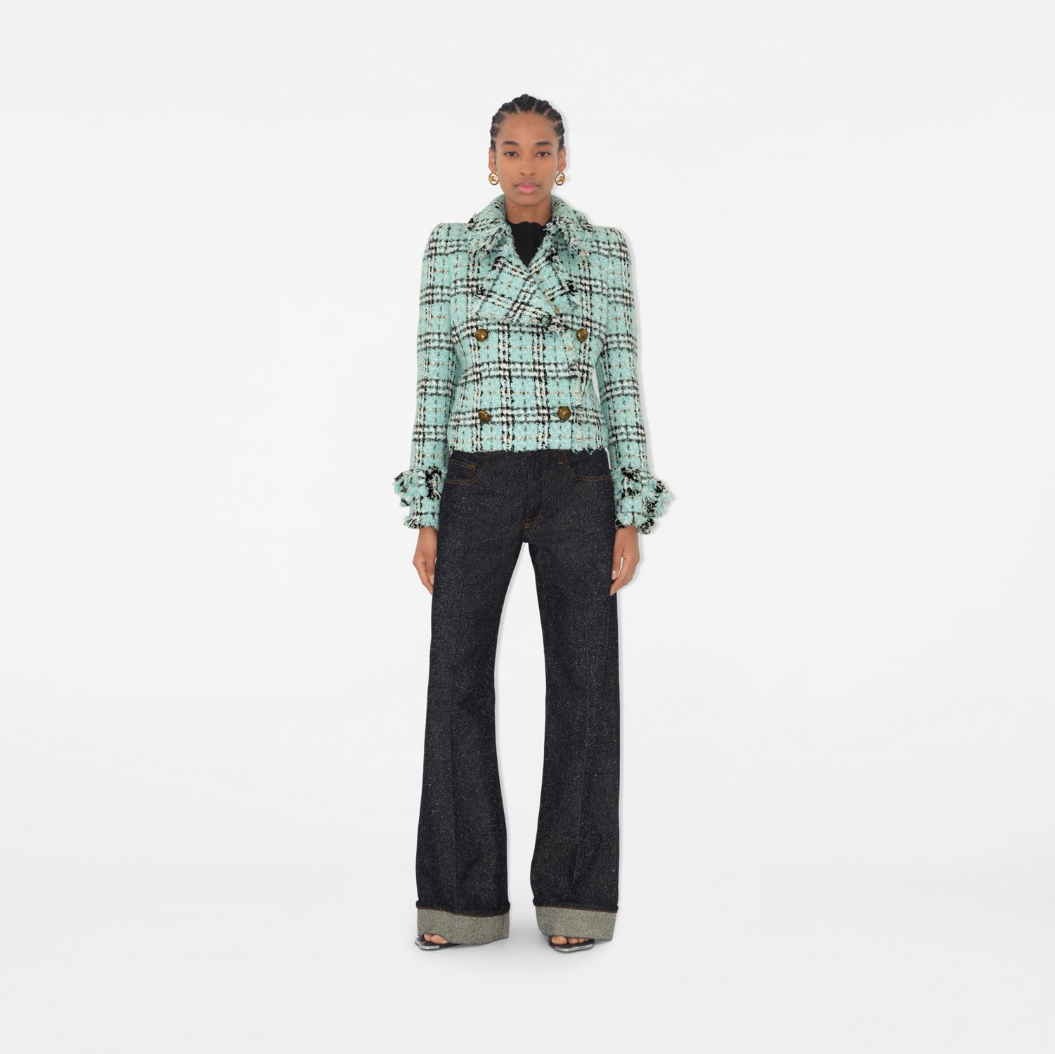 Check Bouclé Jacket in Surf - Women, Cotton, Nylon Check Bouclé Jacket in Surf - Women, Cotton, Nylon