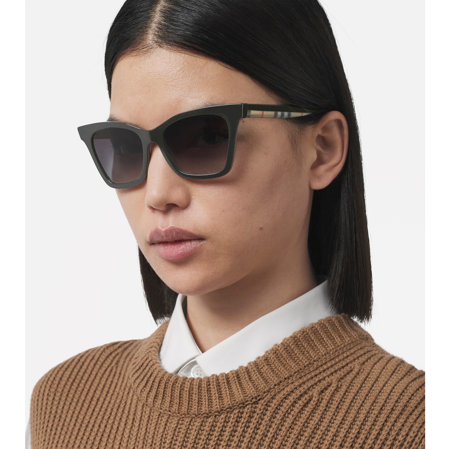 Check Detail Square Frame Sunglasses in Black/beige - Women | Burberry® Official