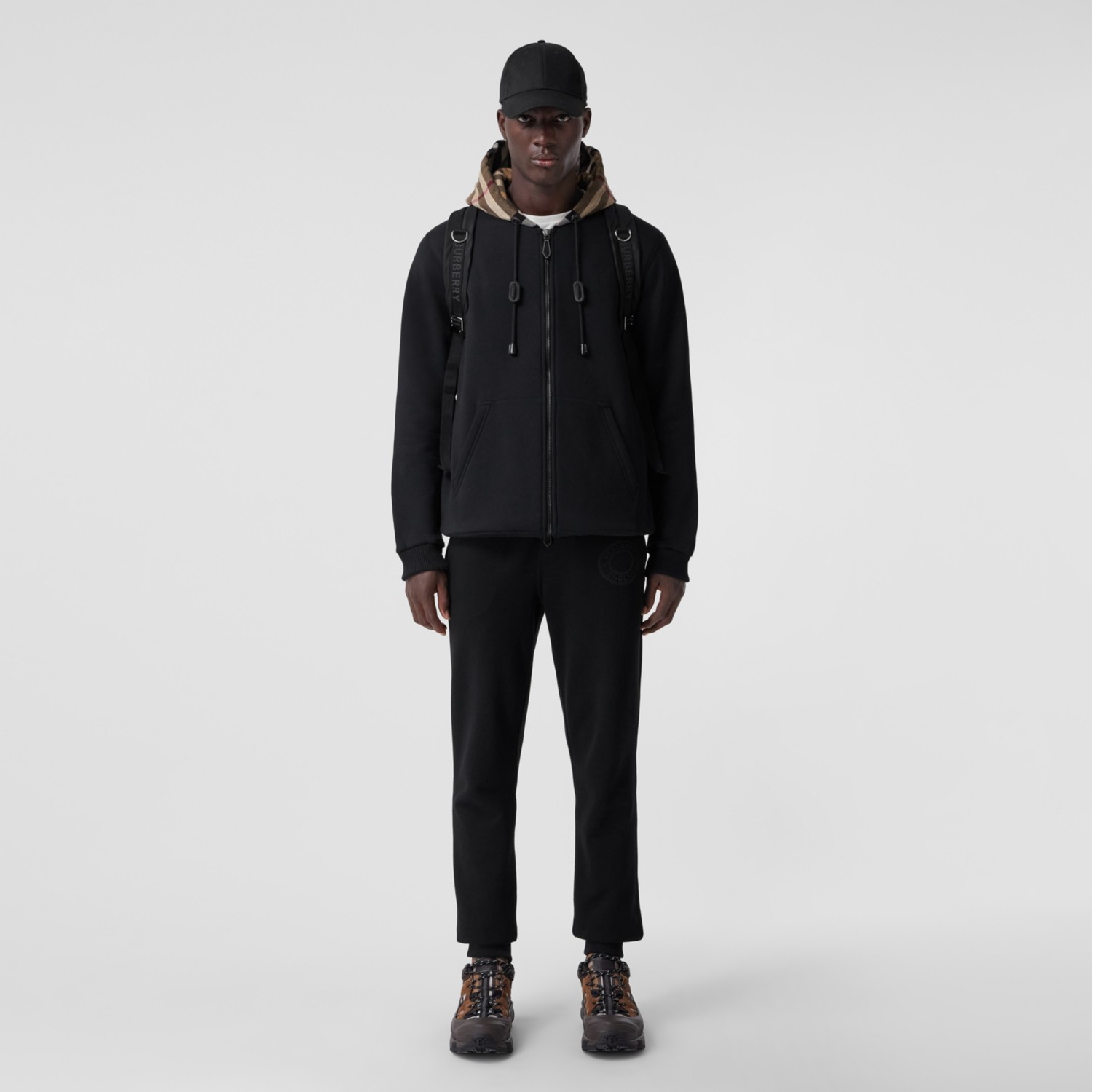 Check Hood Cotton Blend Zip Hoodie in Black/birch Brown - Men | Burberry® Official