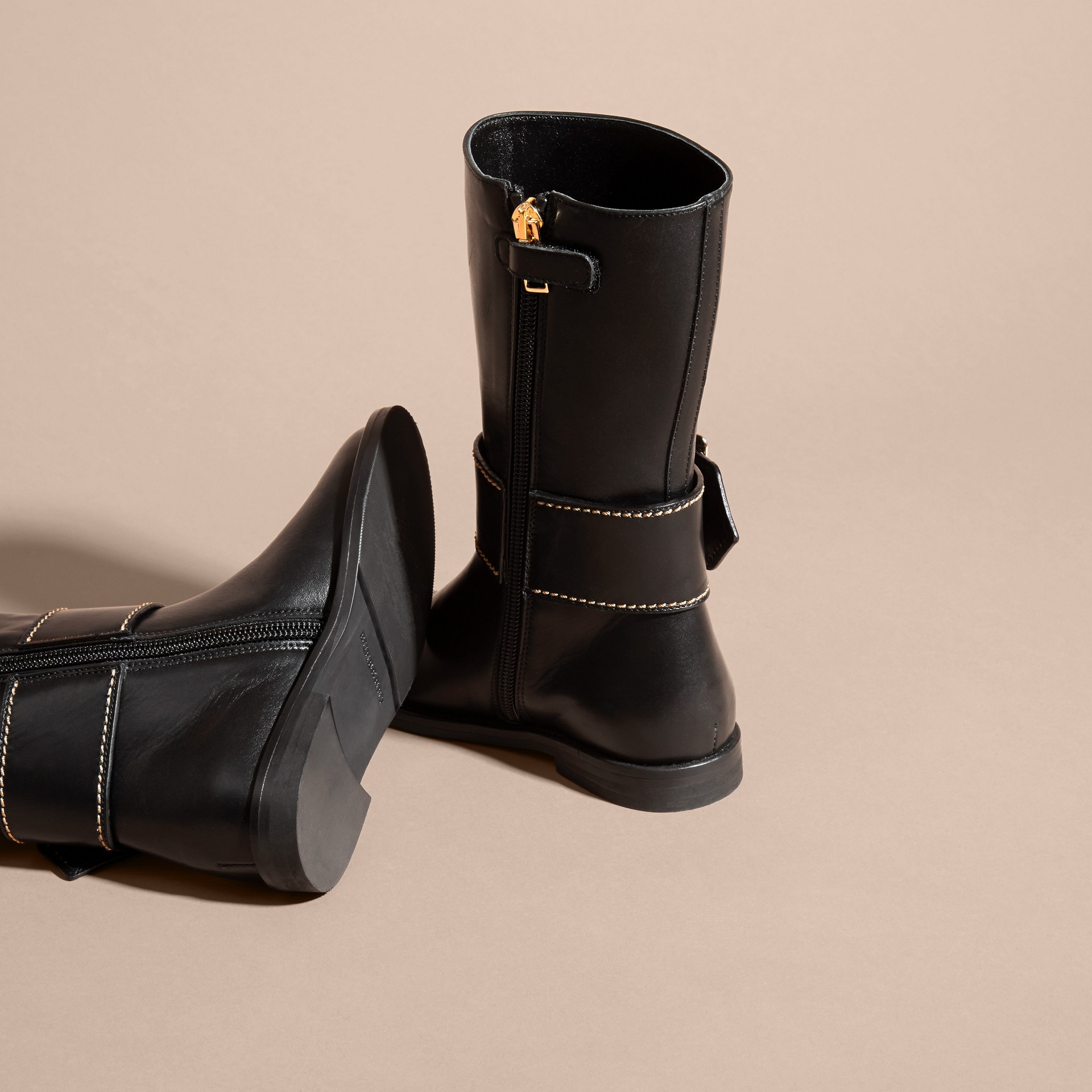 Buckle Detail Leather Riding Boots Burberry