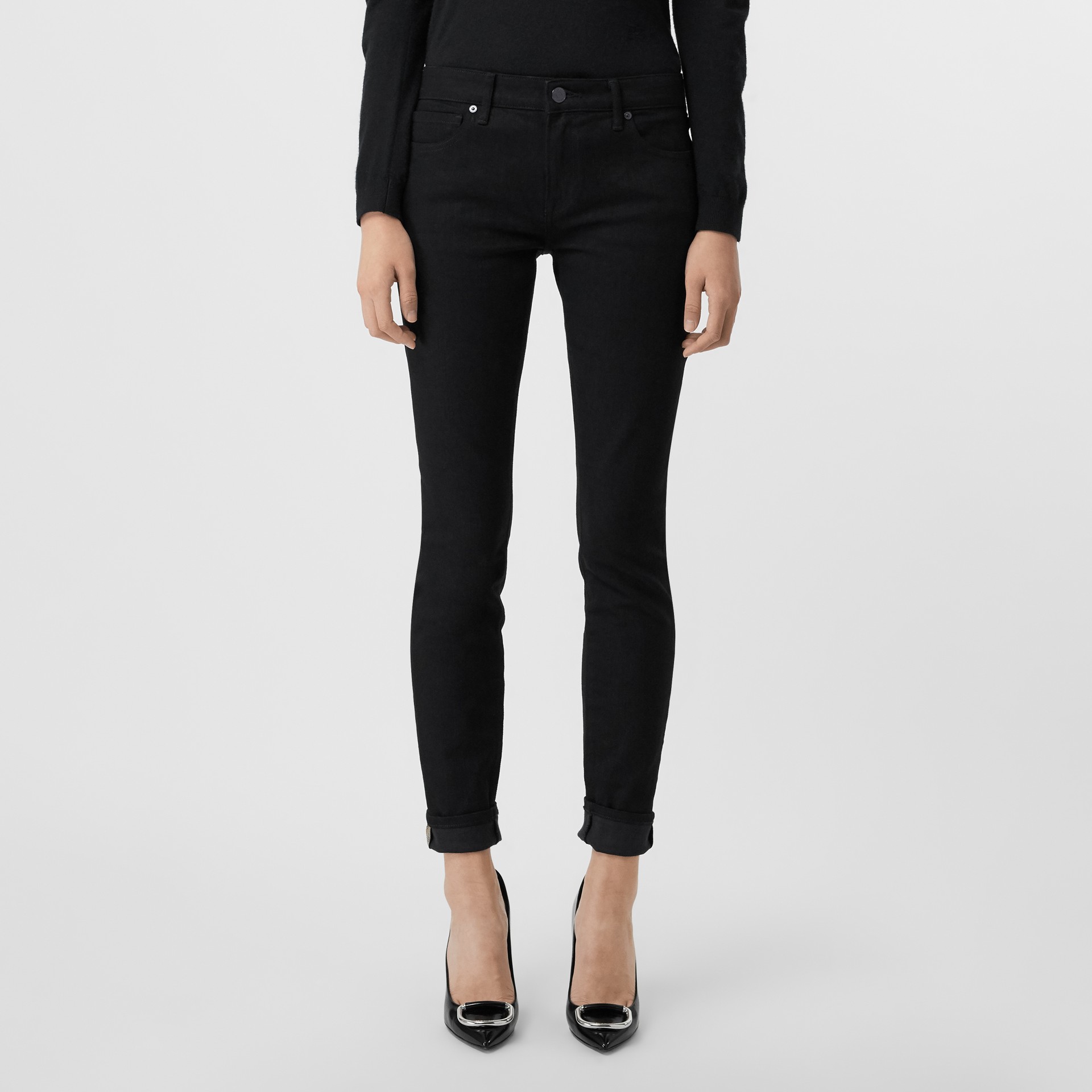 Check Detail Skinny Fit Japanese Denim Jeans In Black Women