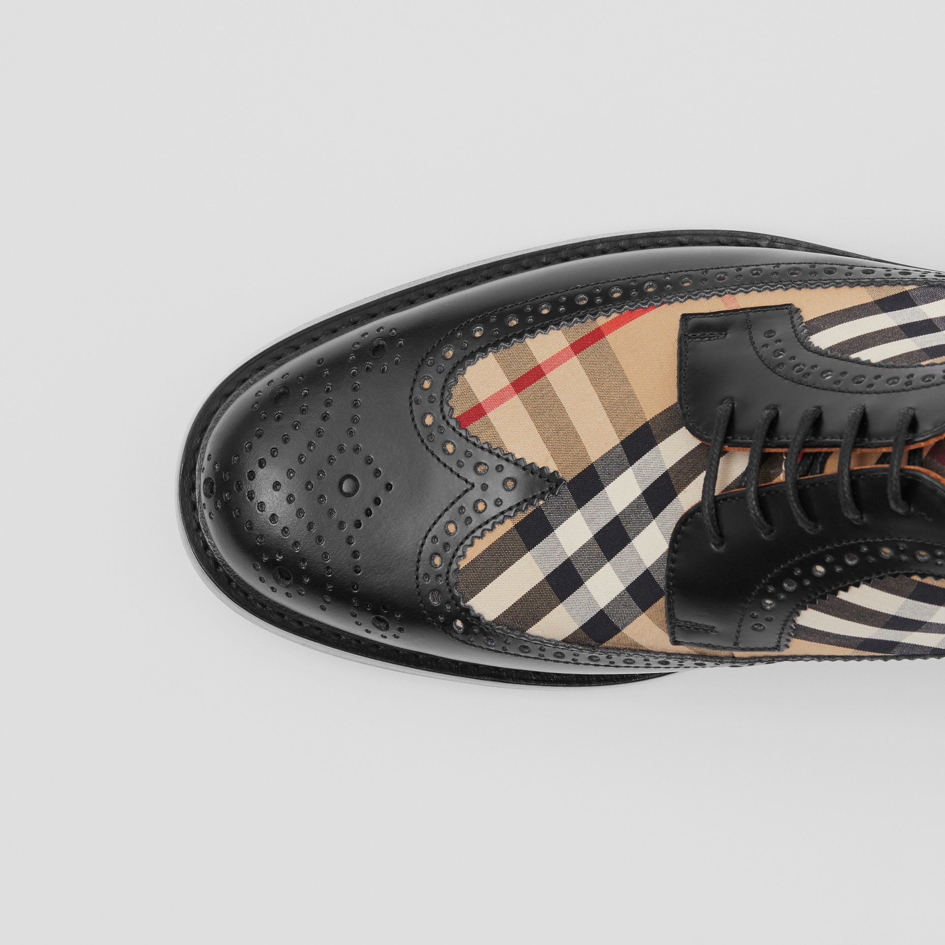 Brogue Detail Leather And Vintage Check Derby Shoes In Blackarchive