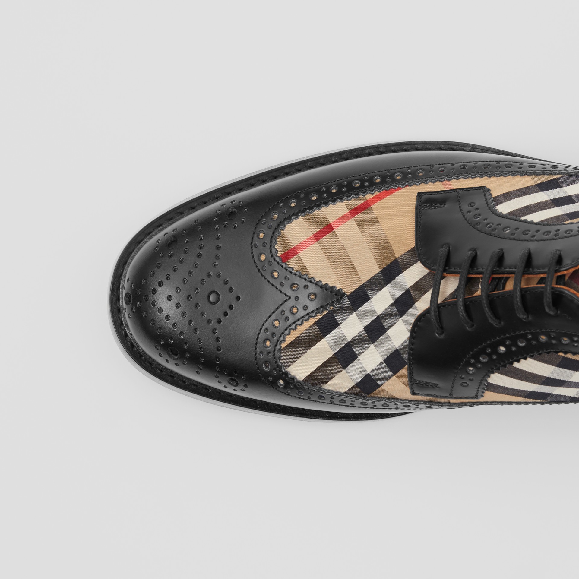 Brogue Detail Leather And Vintage Check Derby Shoes In Blackarchive