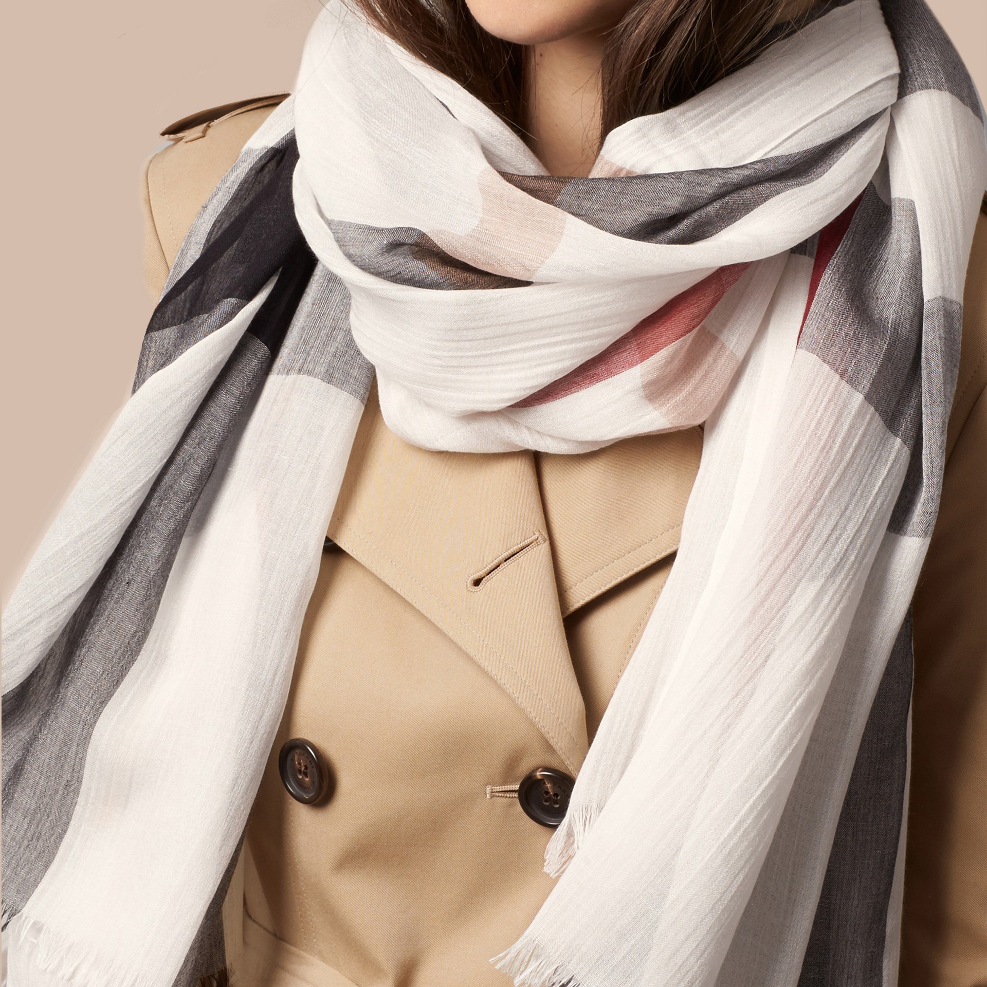 Check Modal Cashmere and Silk Scarf in Ivory | Burberry United States Check Modal Cashmere and Silk Scarf in Ivory | Burberry United States