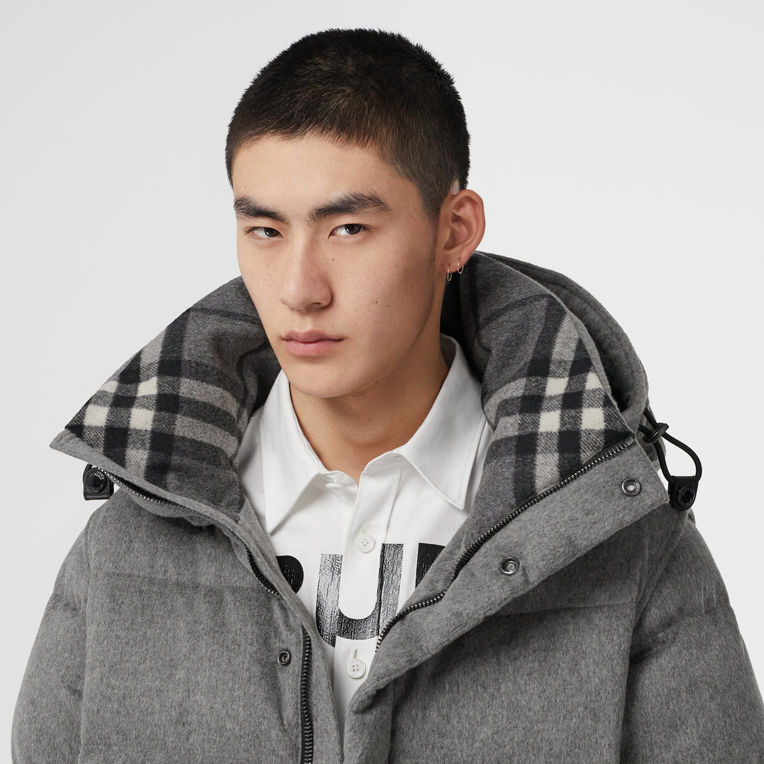 Detachable Sleeve Cashmere Hooded Puffer Jacket in Mid Grey Melange ...