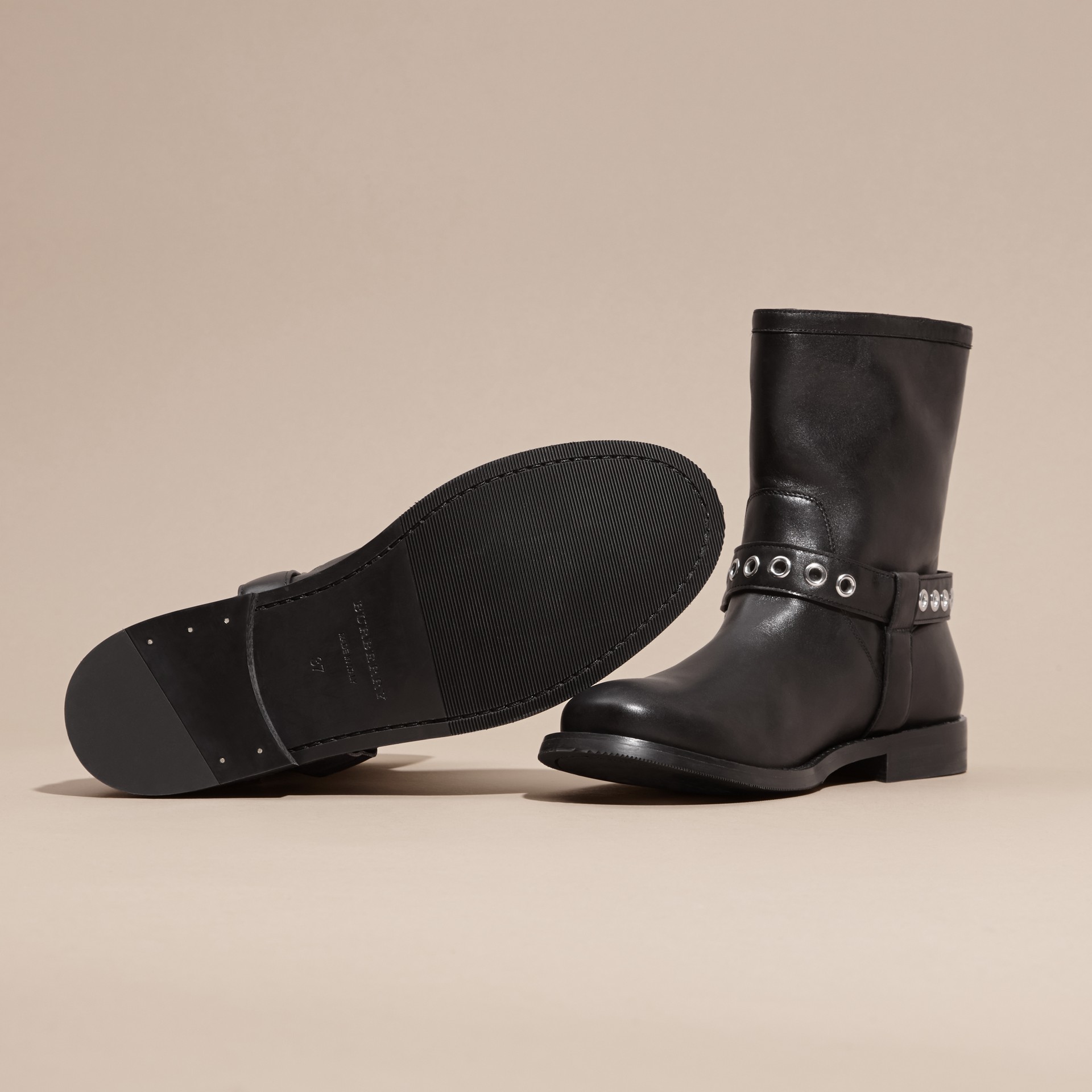 Buckle Detail Leather Biker Boots Burberry