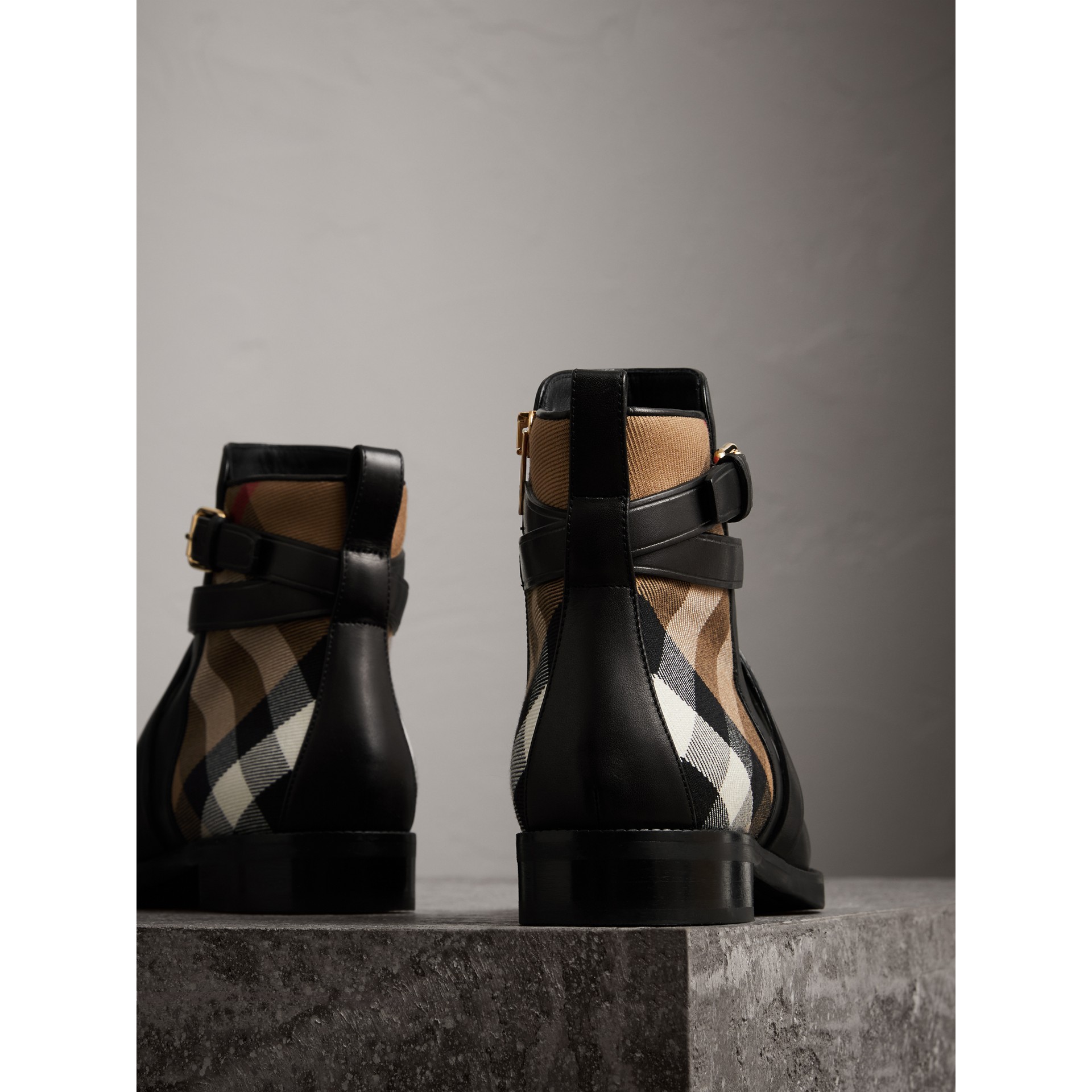 Strap Detail House Check And Leather Ankle Boots In Black Women