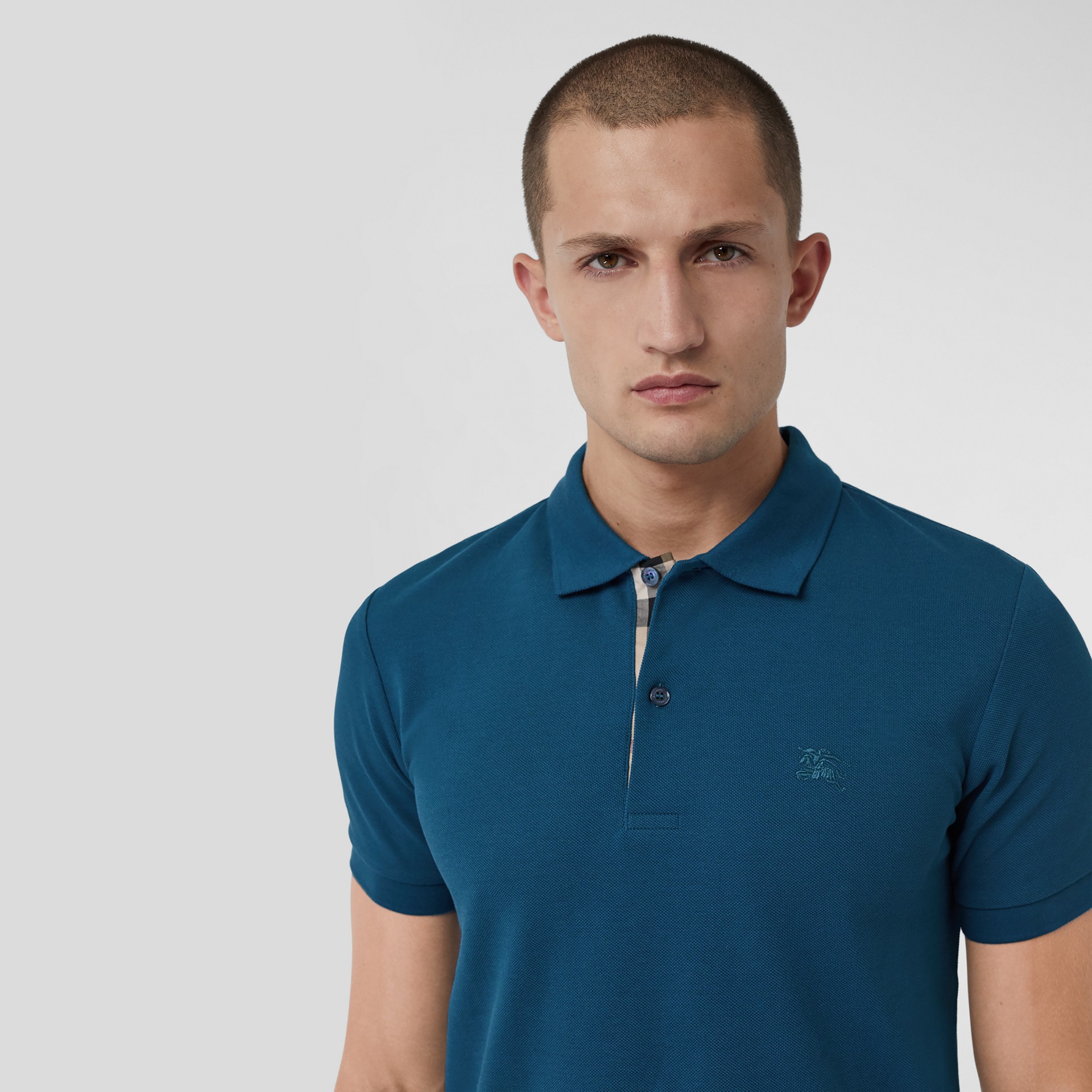 Check Placket Cotton Piqué Polo Shirt In Mineral Blue Men Burberry