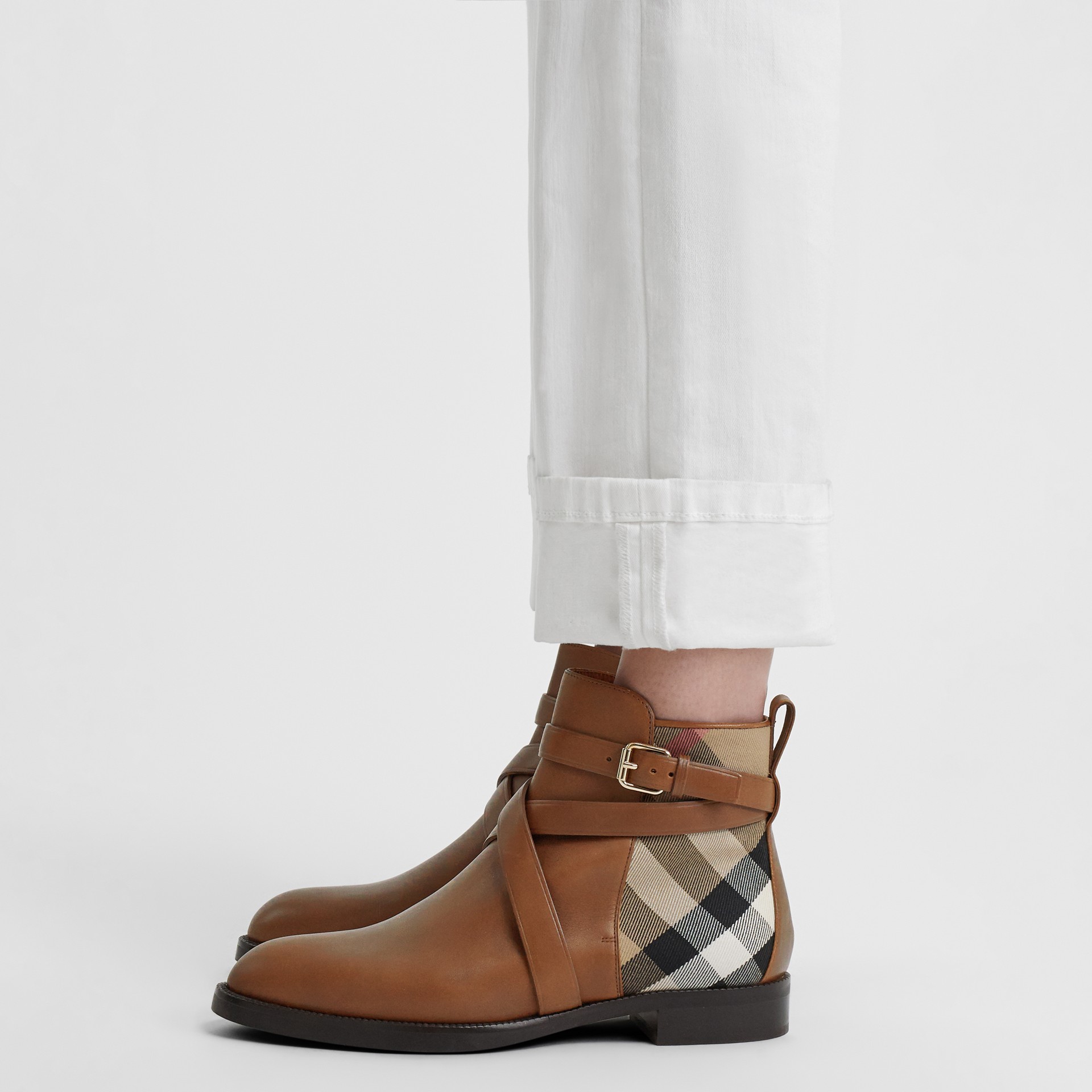 Strap Detail House Check And Leather Ankle Boots In Bright Camel